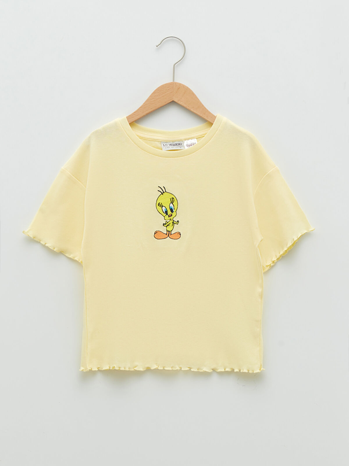 Bisiklet Yaka Tweety Nakışlı Kısa Kollu Pamuklu Kız Çocuk Tişört