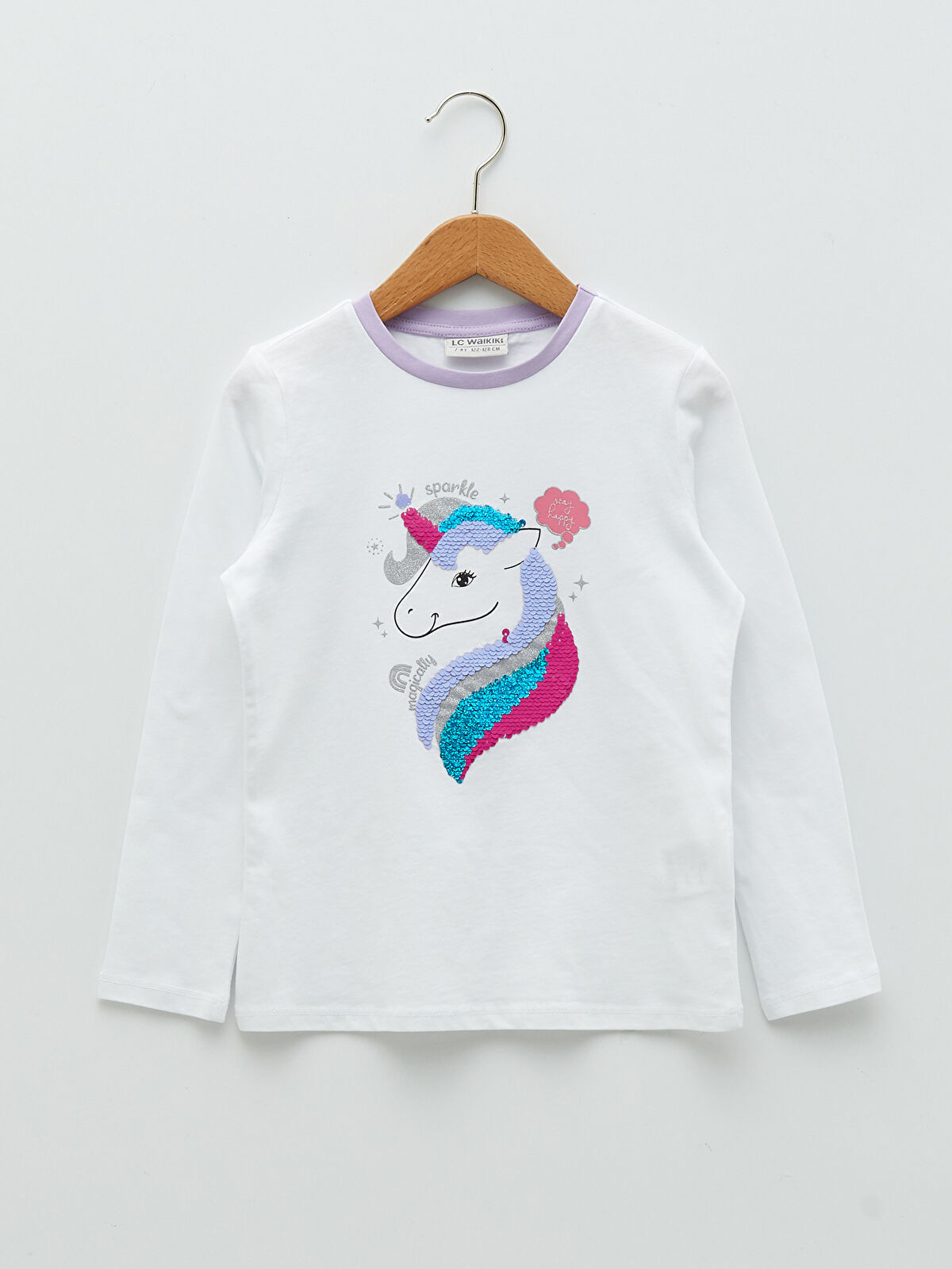 Bisiklet Yaka Çift Yönlü Payetli Uzun Kollu Kız Çocuk Tişört