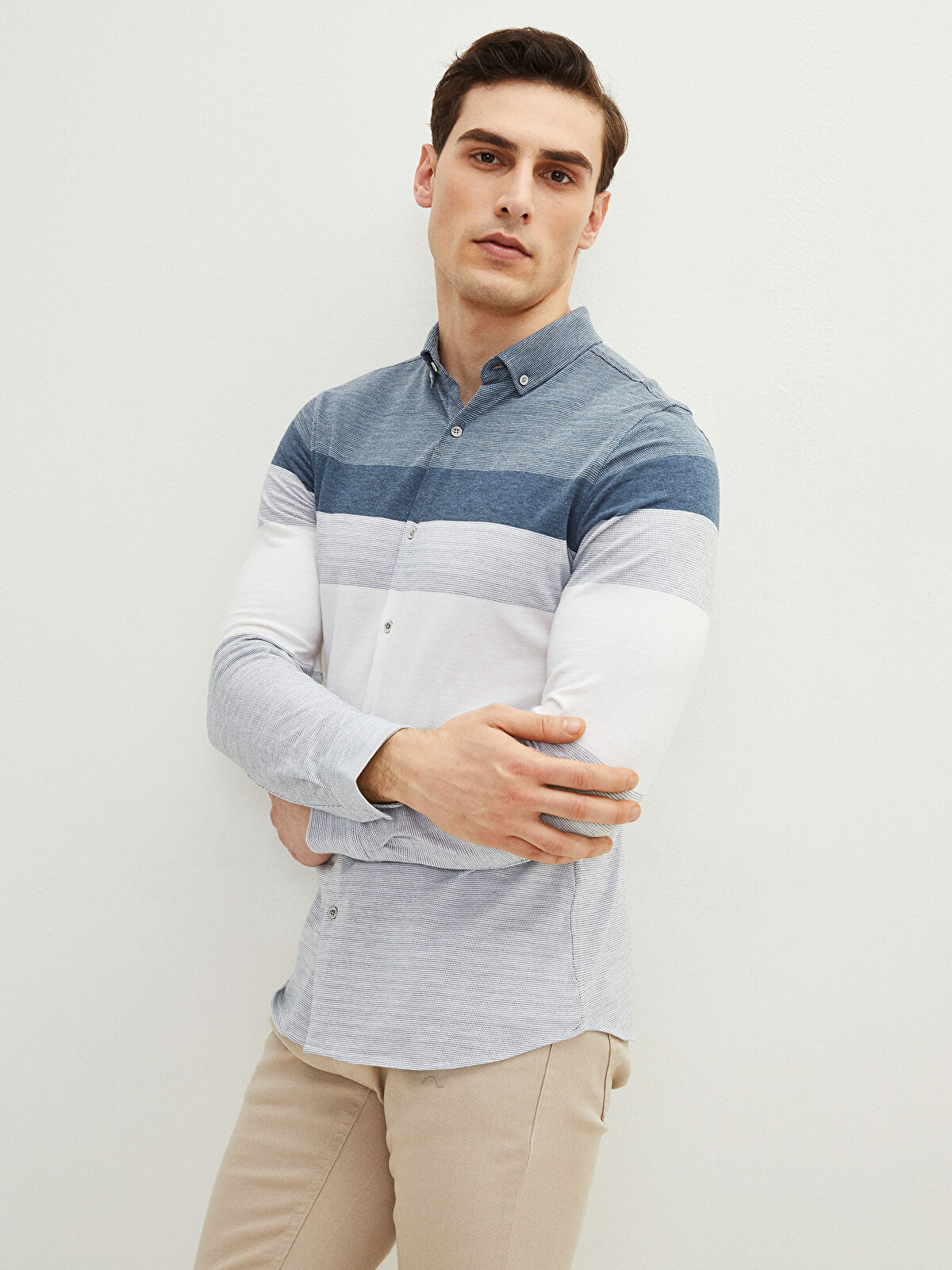 LCW VISION Slim Fit Uzun Kollu Renk Bloklu Erkek Gömlek