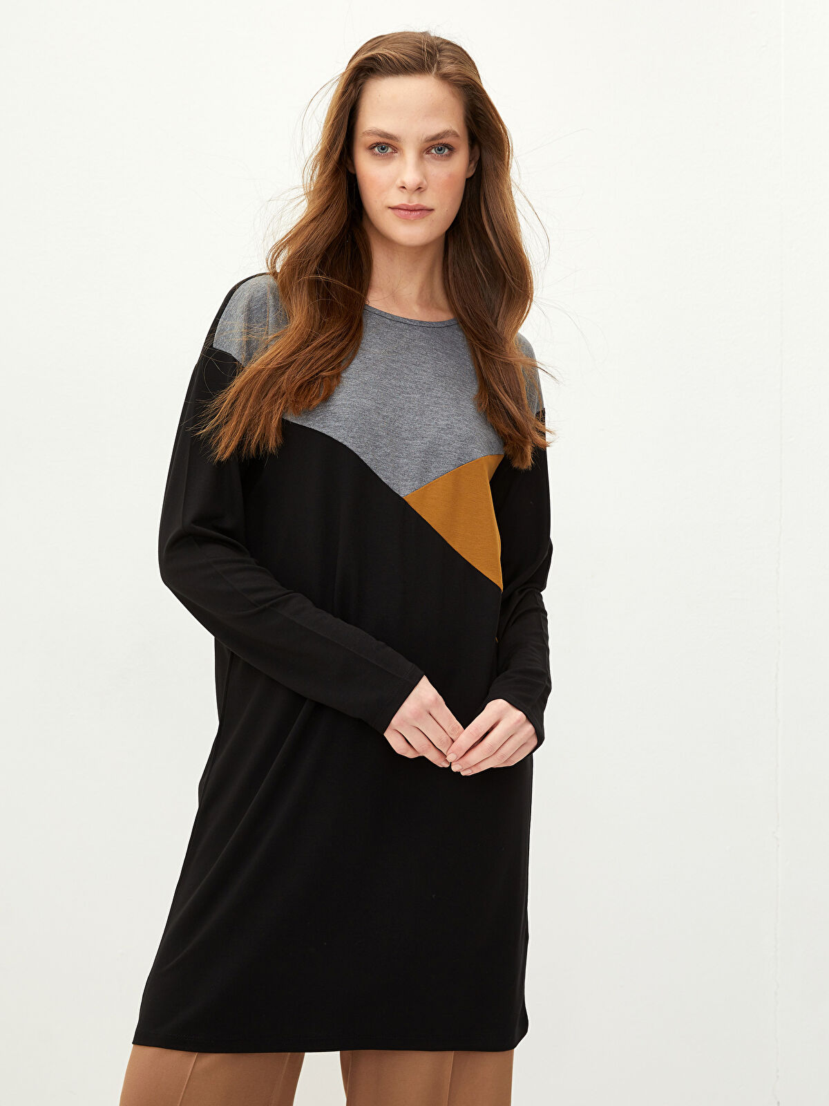 LCW CLASSIC Bisiklet Yaka Renk Bloklu Kadın Uzun Kollu Tunik