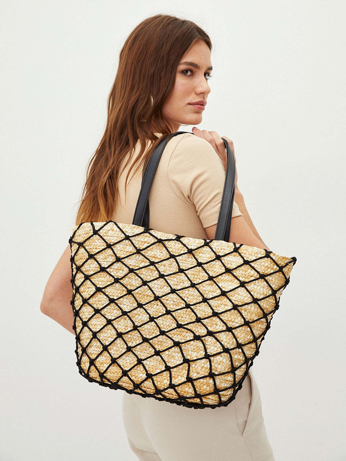 Hasır Detaylı Kadın Plaj Çantası