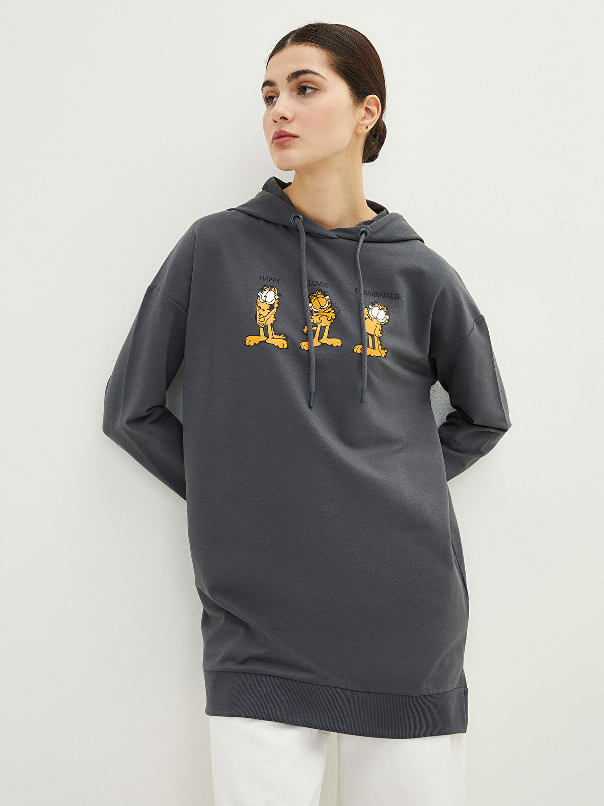 MODEST Kapüşonlu Garfield Baskılı Uzun Kollu Kadın Sweatshirt Tunik