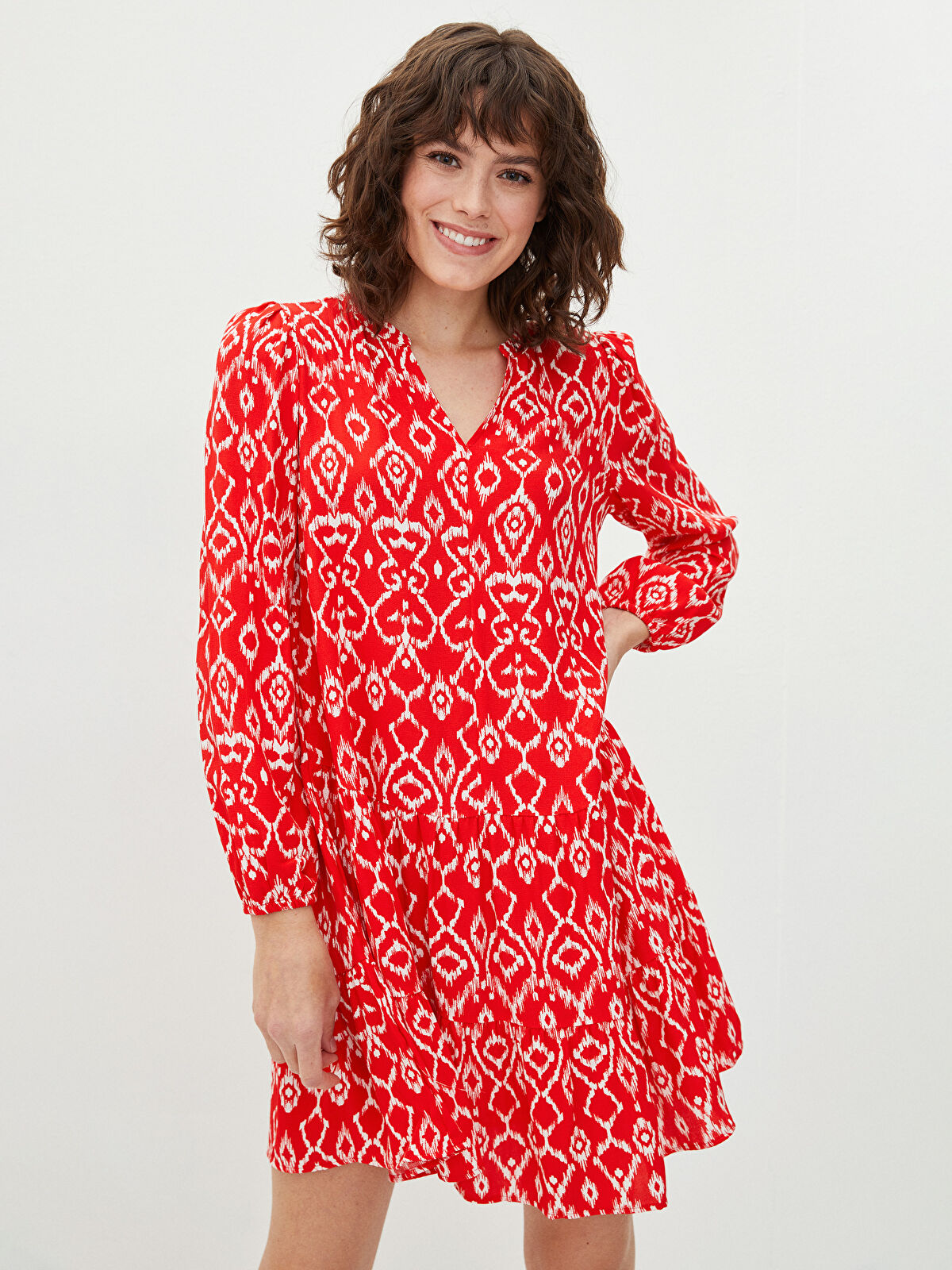 LCW CASUAL Kaçık Yaka Desenli Uzun Kollu A Kesim Viskon Kadın Elbise