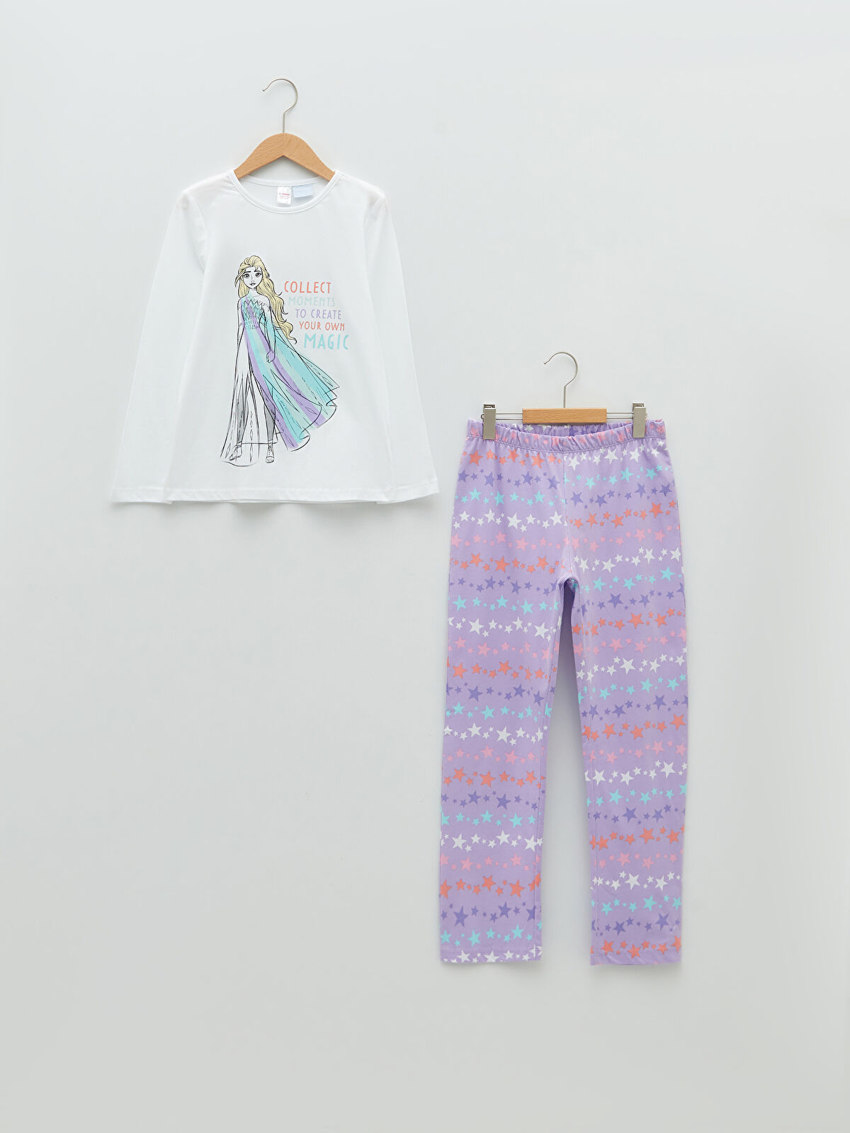 Bisiklet Yaka Elsa Baskılı Uzun Kollu Pamuklu Kız Çocuk Pijama Takımı