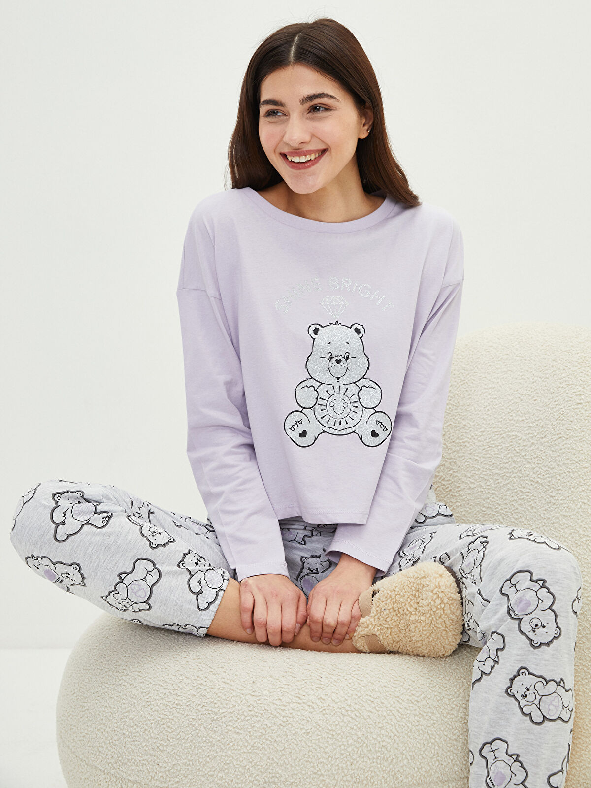 LCW DREAM Bisiklet Yaka Care Bears Baskılı Uzun Kollu Kadın Pijama Takımı