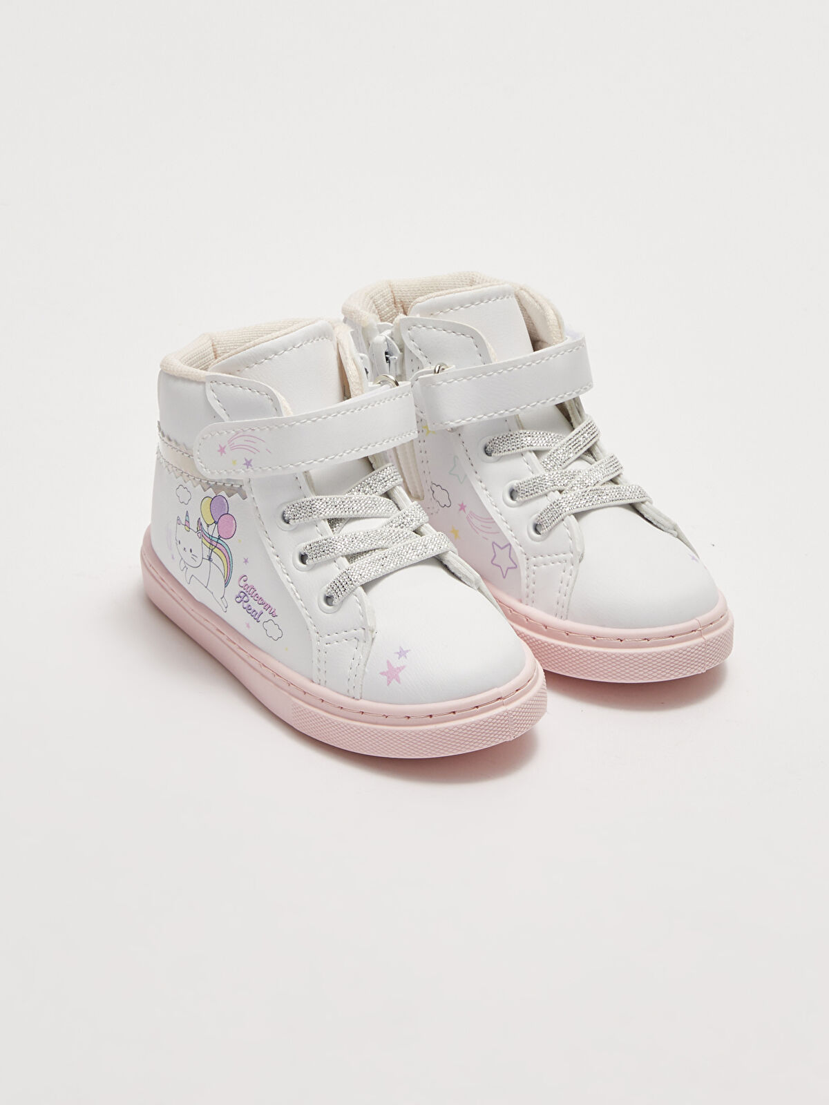 Baskılı Bağcık, Cırt Cırt ve Fermuarlı Kız Bebek Spor Ayakkabı