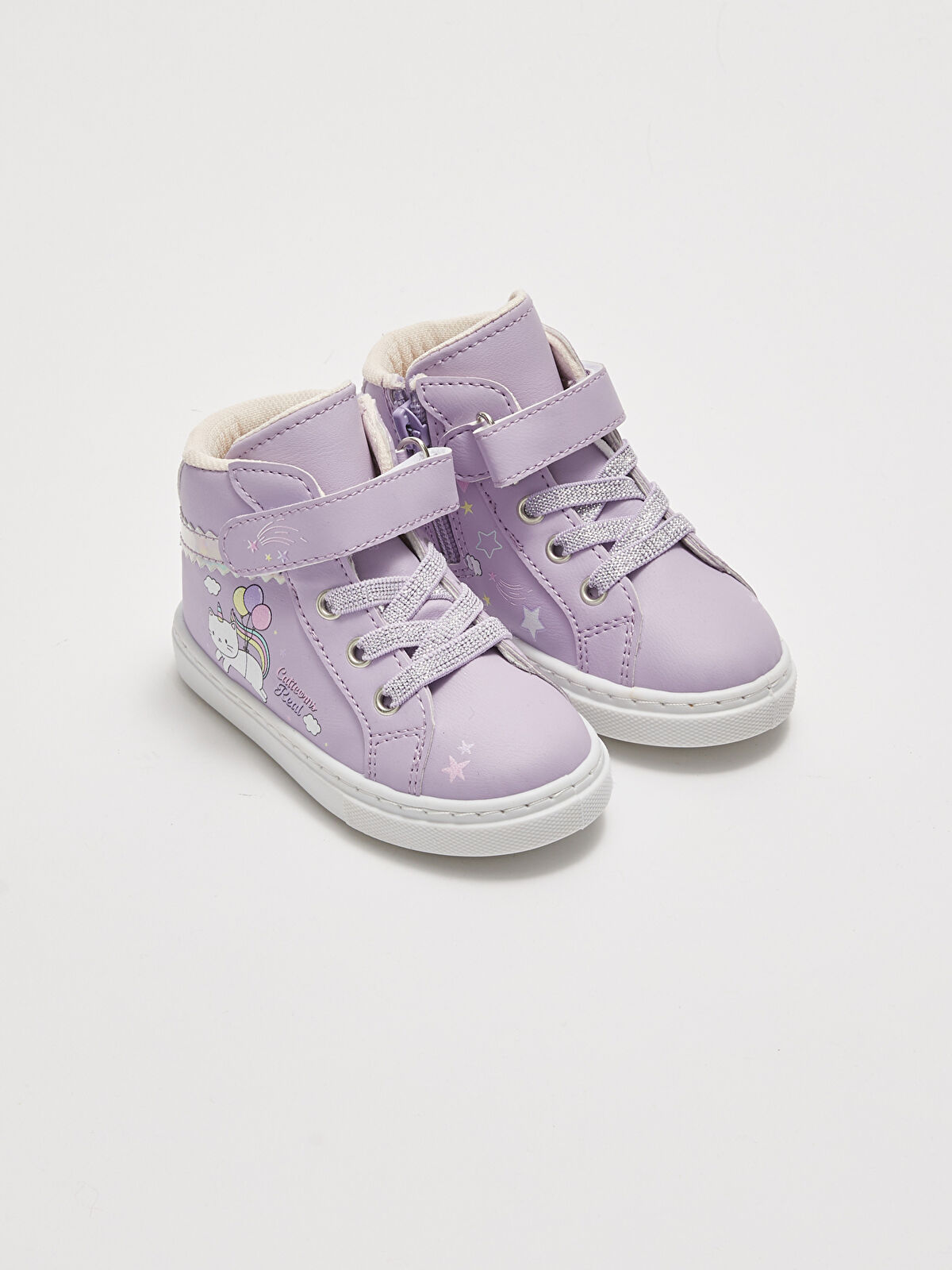 Baskılı Bağcık, Cırt Cırt ve Fermuarlı Kız Bebek Spor Ayakkabı