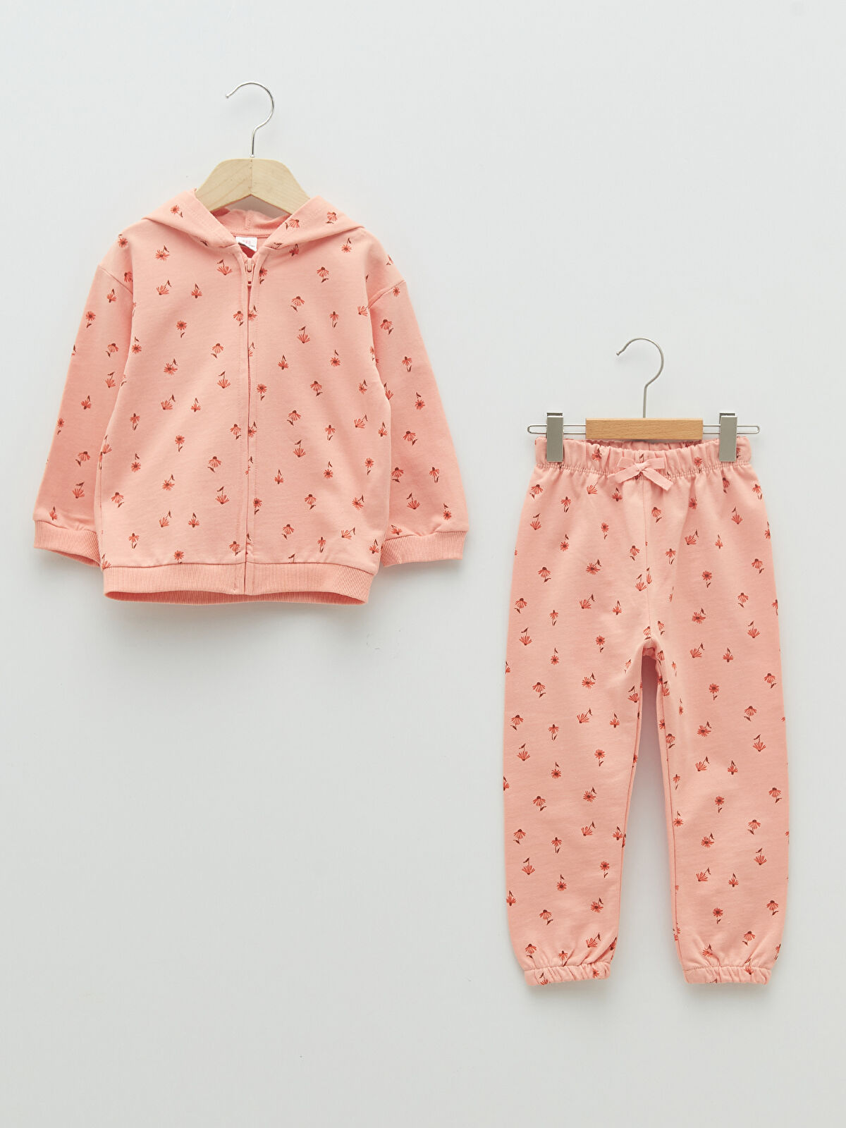 Kapüşonlu Baskılı Uzun Kollu Kız Bebek Fermuarlı Sweatshirt ve Pantolon 2'li Takım