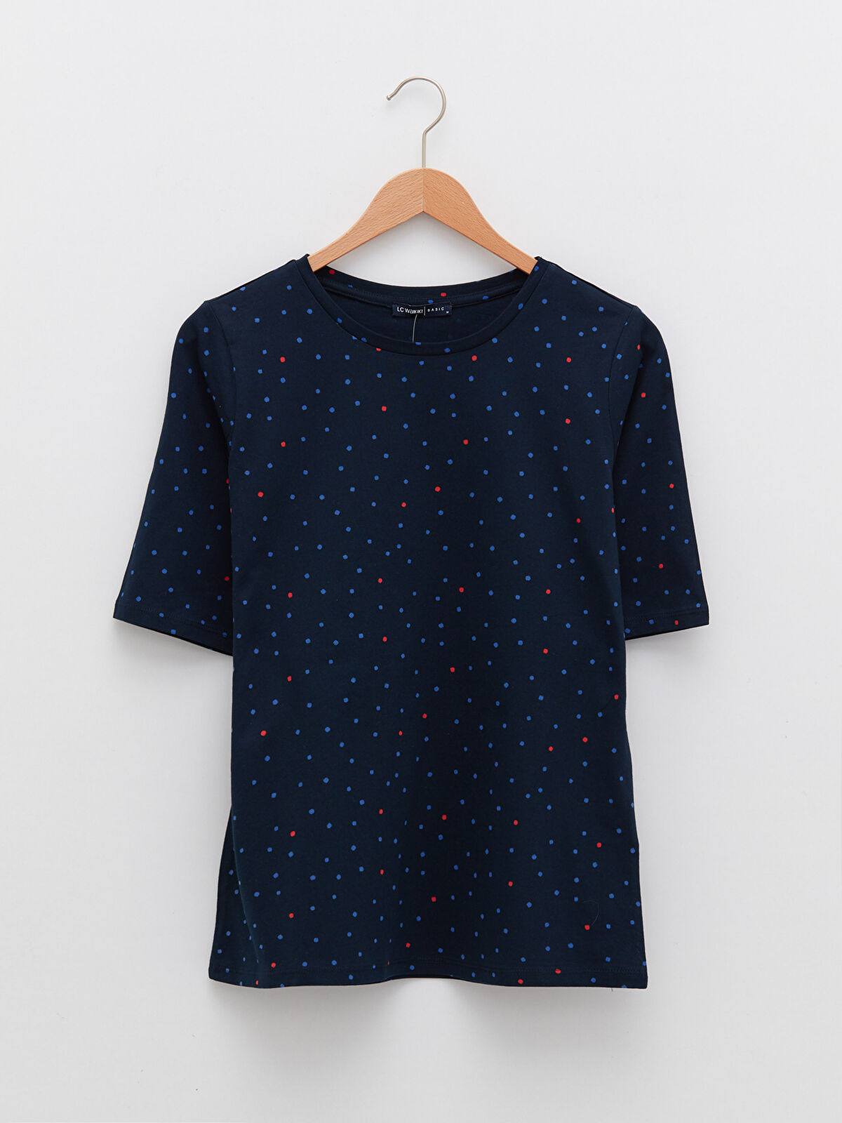 LCW BASIC Bisiklet Yaka Puantiyeli Kısa Kollu Pamuklu Kadın Tişört