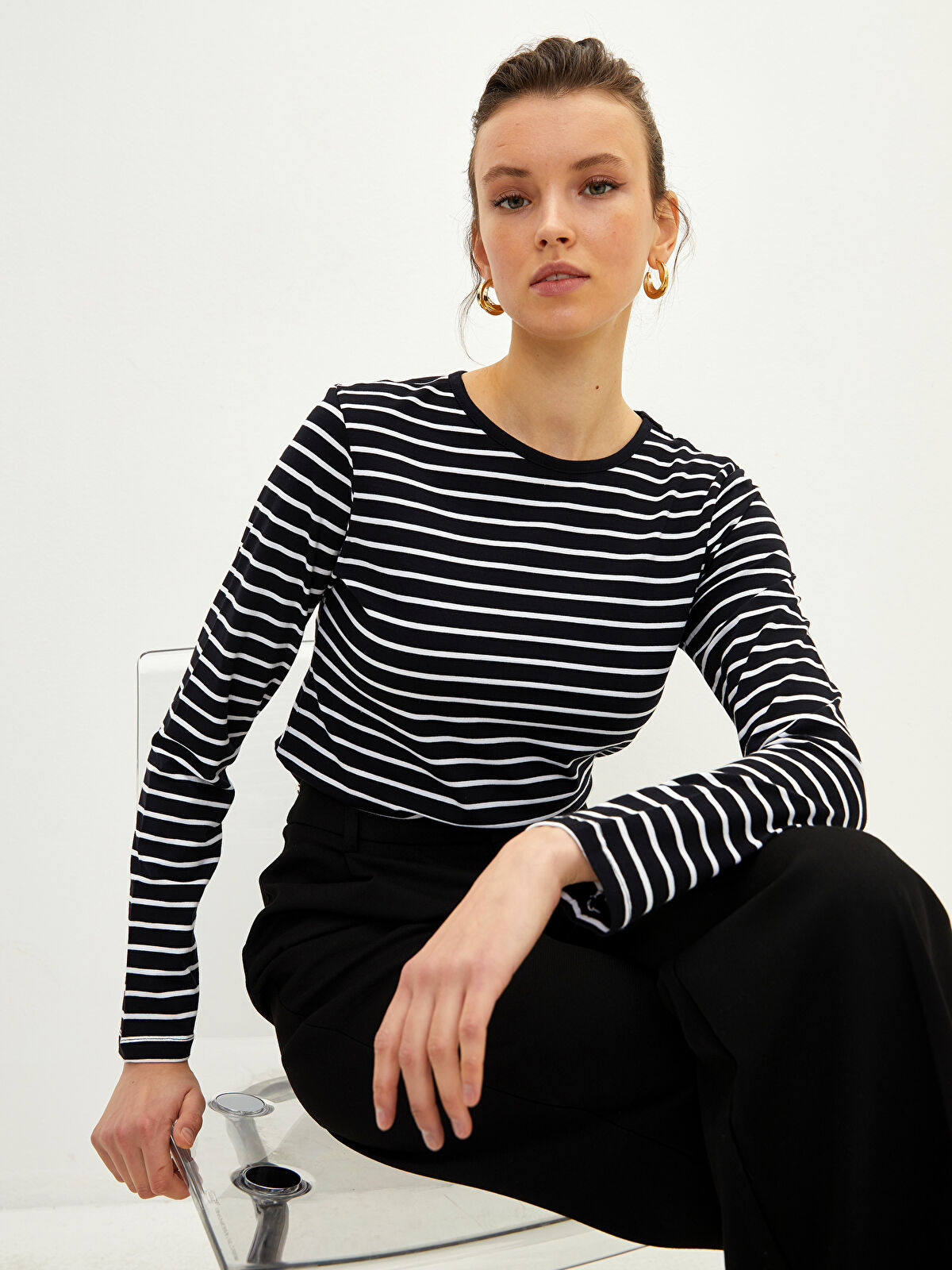 LCW BASIC Bisiklet Yaka Çizgili Uzun Kollu Pamuklu Kadın Tişört