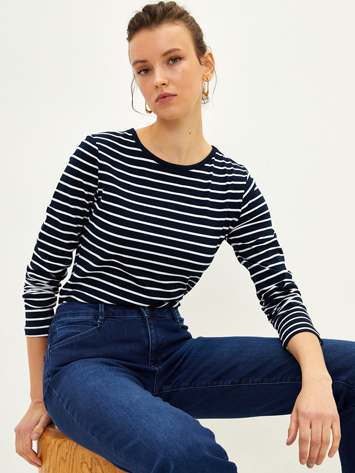 LCW BASIC Bisiklet Yaka Çizgili Uzun Kollu Pamuklu Kadın Tişört