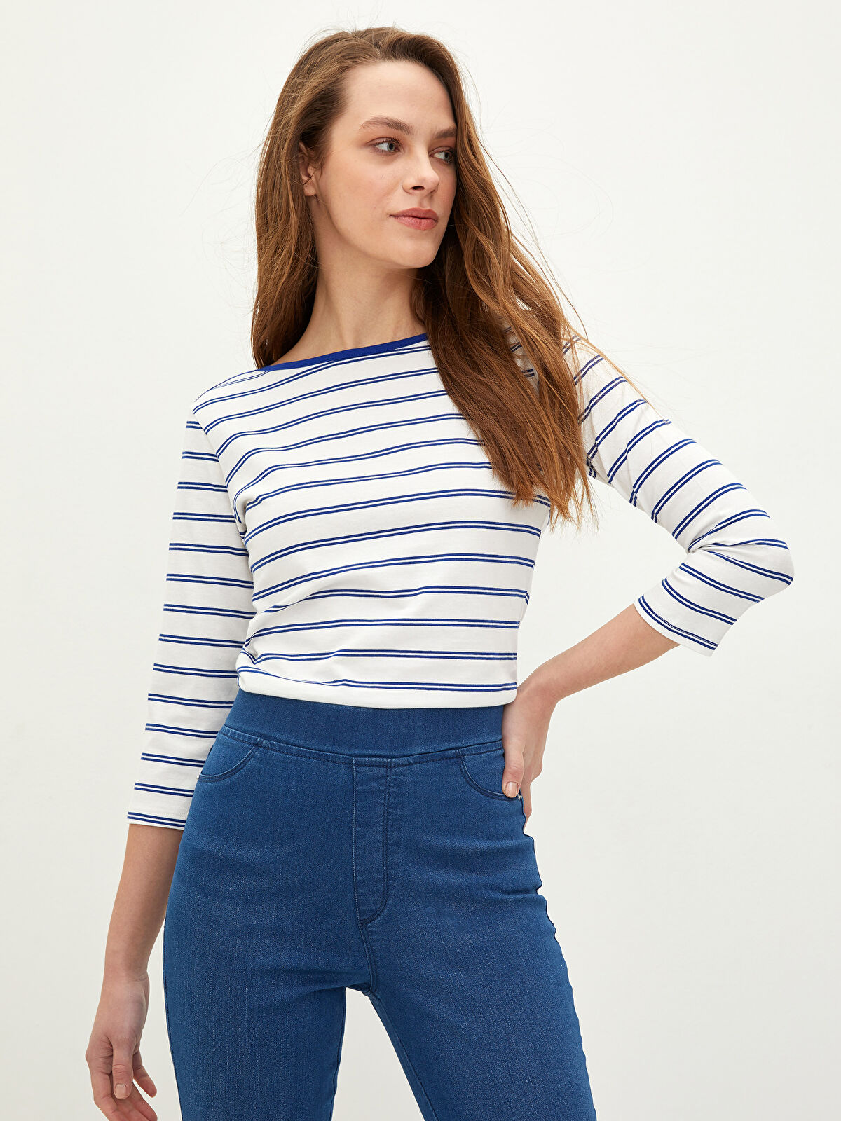 LCW BASIC Bisiklet Yaka Çizgili Pamuklu Kadın Tişört