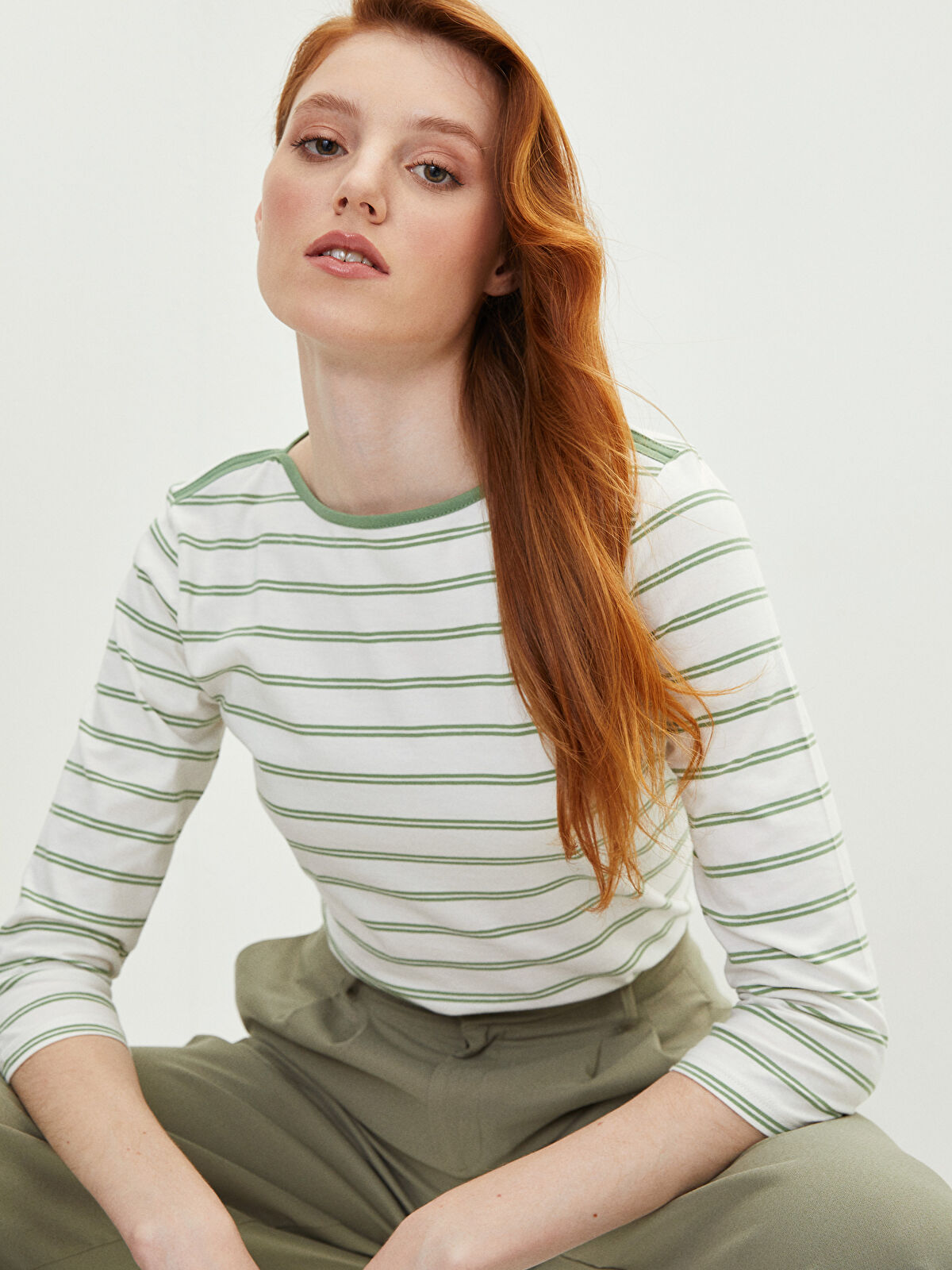 LCW BASIC Bisiklet Yaka Çizgili Pamuklu Kadın Tişört