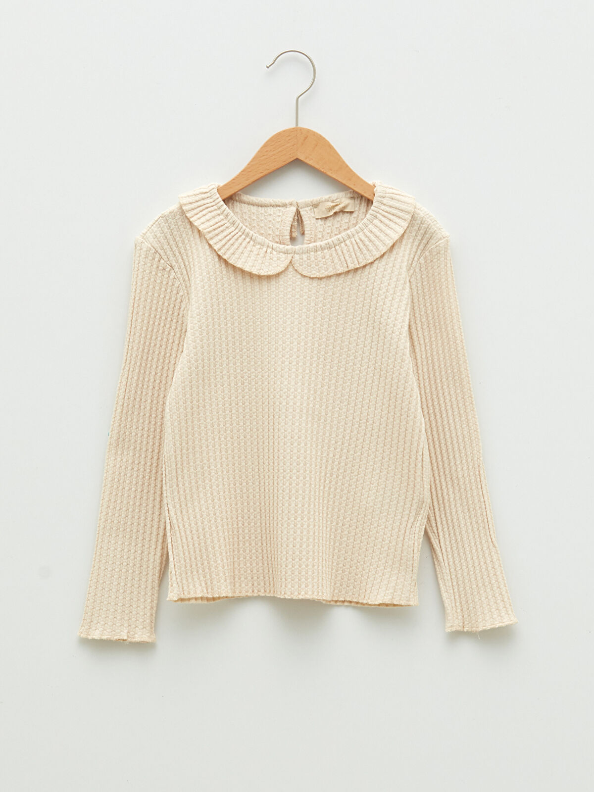 Bebe Yaka Kendinden Desenli Uzun Kollu Pamuklu Kız Çocuk Tişört