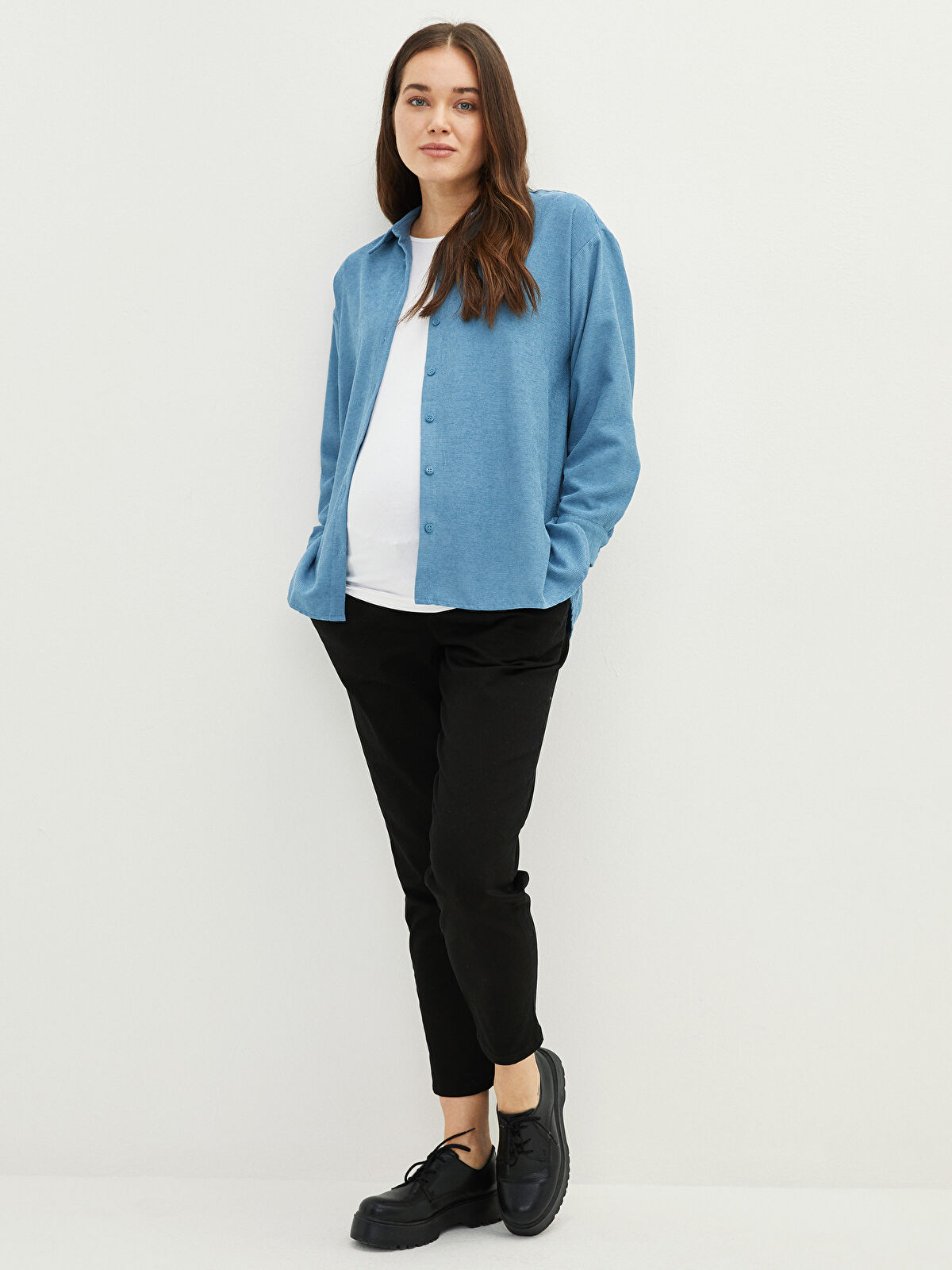 Karın Panelli Beli Lastikli Düz Cep Detaylı Gabardin Kumaş Hamile Pantolon