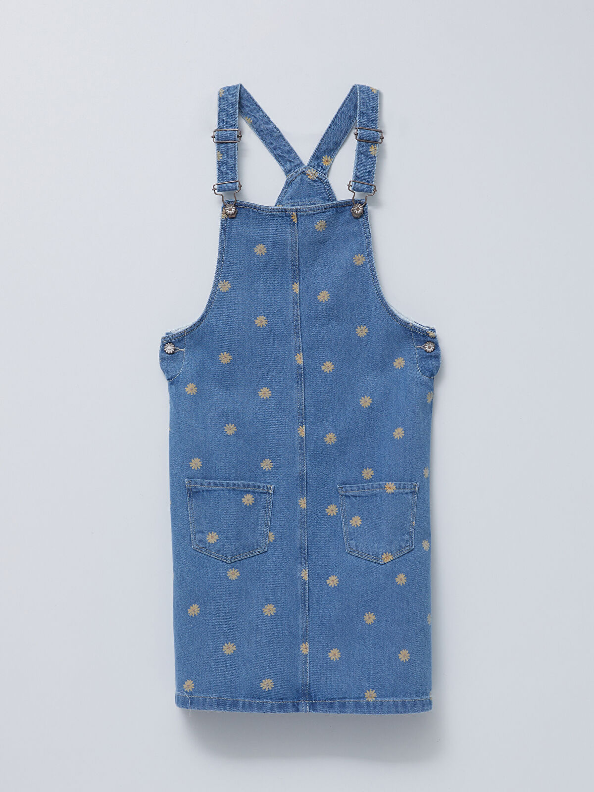 Kare Yaka Baskılı Askılı Kız Çocuk Jean Salopet Elbise