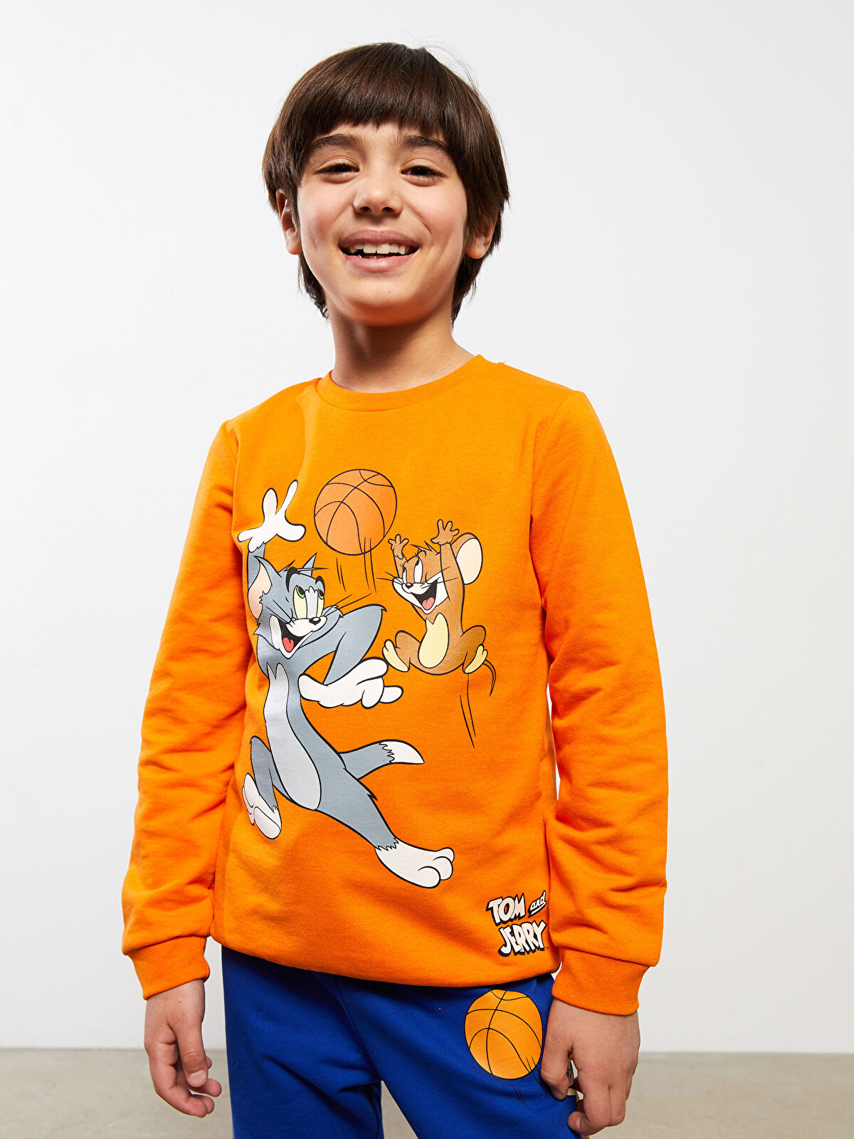 Bisiklet Yaka Tom ve Jerry Baskılı Uzun Kollu Erkek Çocuk Sweatshirt