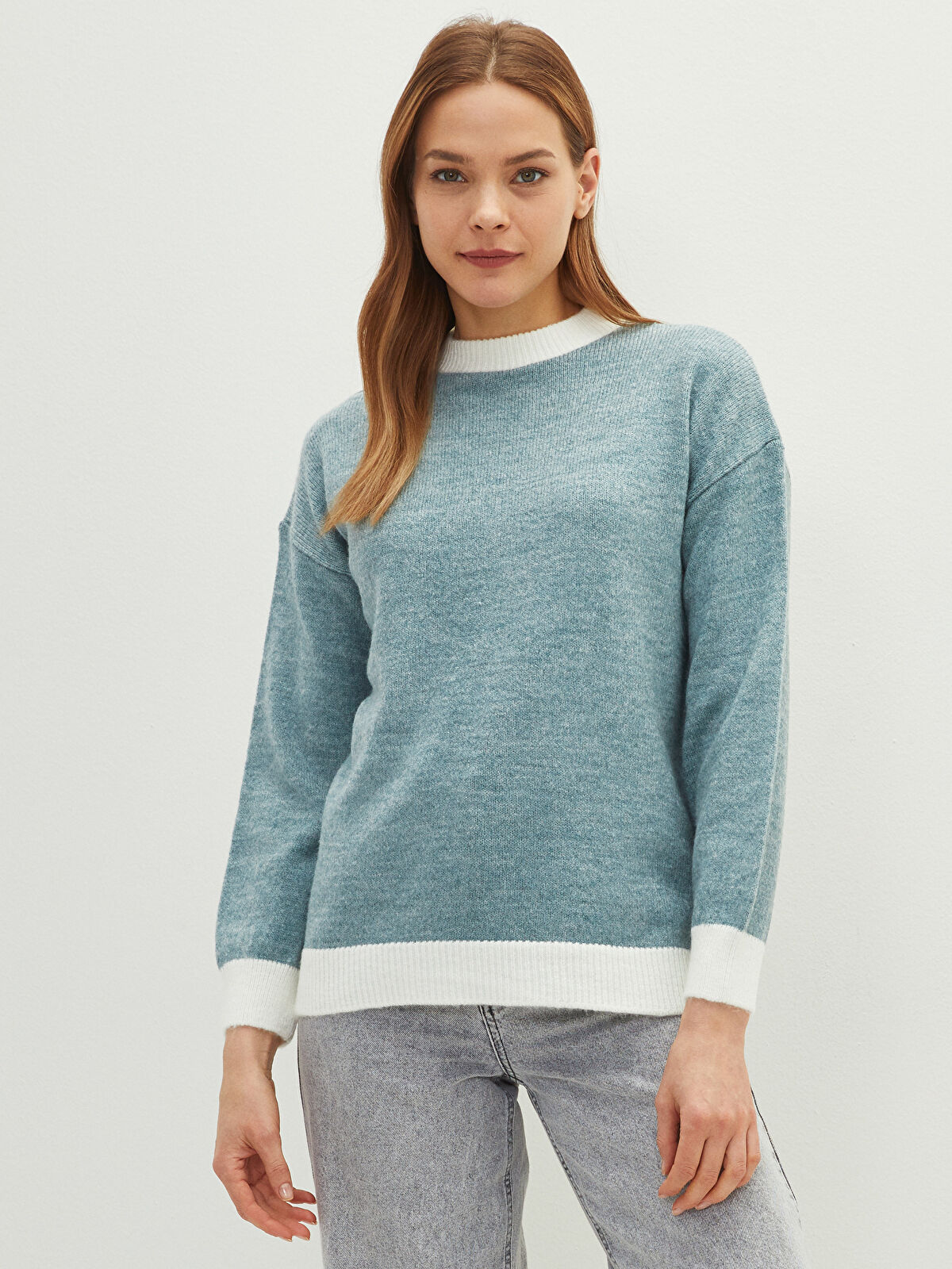 MODEST Dik Yaka Renk Bloklu Uzun Kollu Kadın Triko Tunik