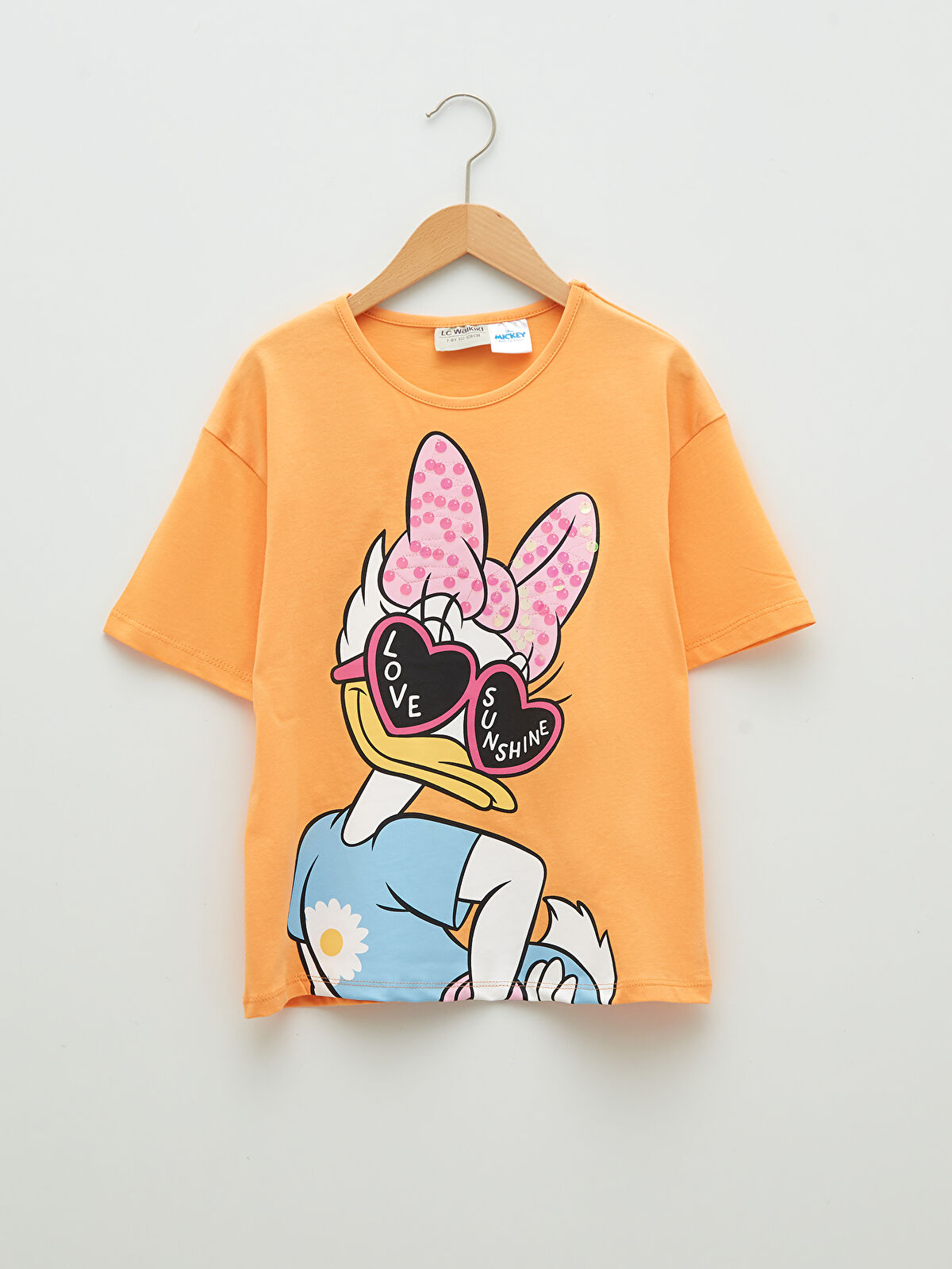 Bisiklet Yaka Daisy Duck Baskılı Kısa Kollu Pamuklu Kız Çocuk Tişört