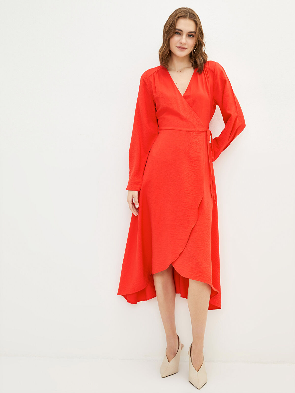 LCW CLASSIC Kruvaze Yaka Düz Uzun Kollu Kadın Elbise