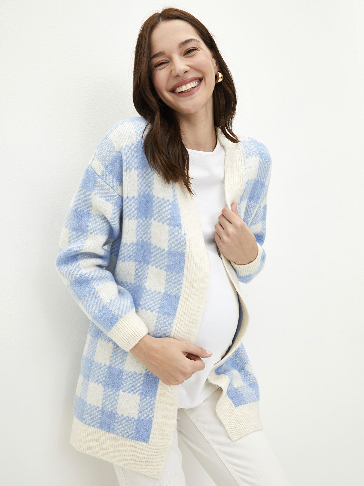 Şal Yaka Ekose Uzun Kollu Hamile Triko Hırka