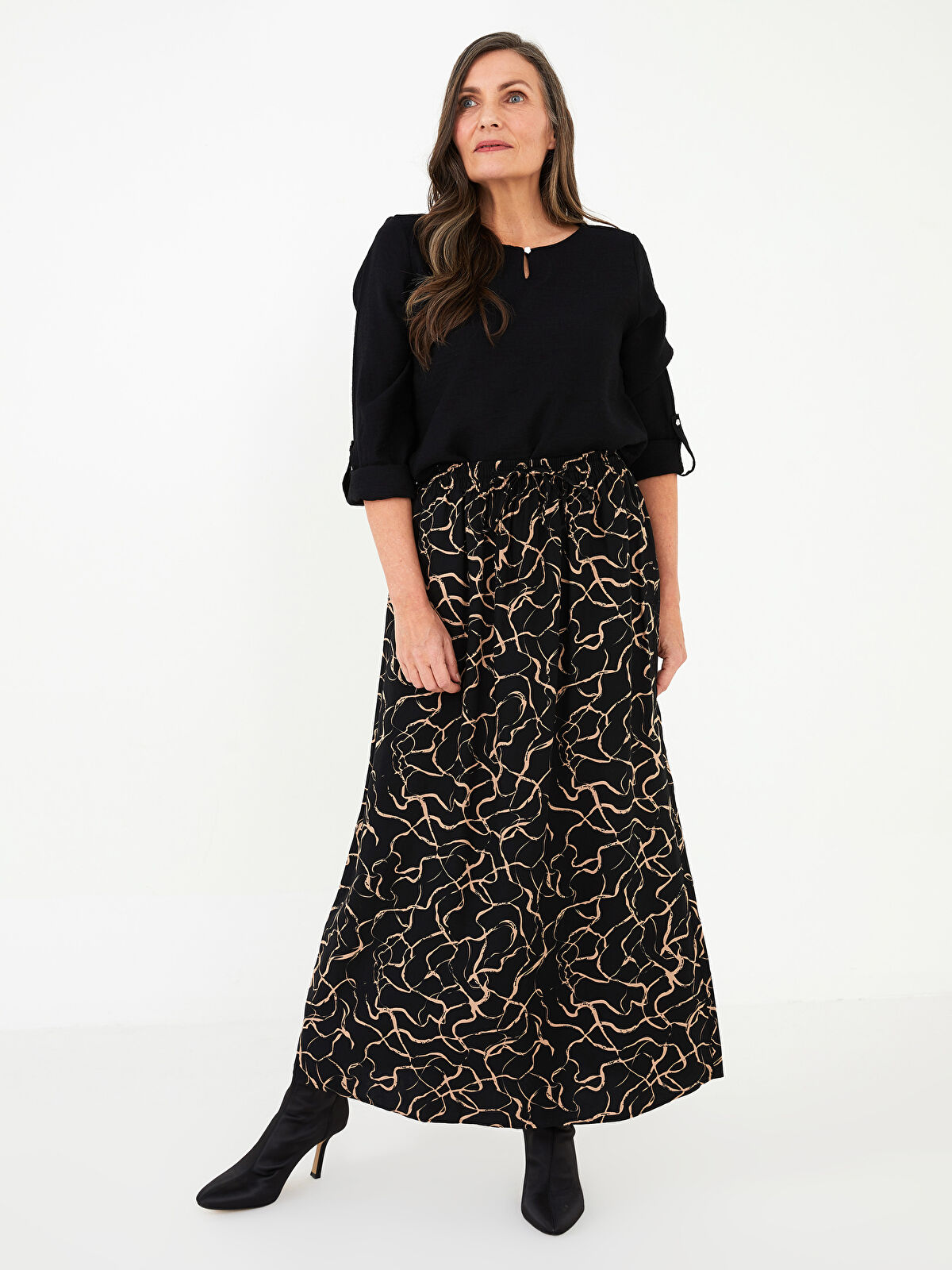 LCW GRACE Beli Lastikli Desenli A Kesim Viskon Kadın Etek