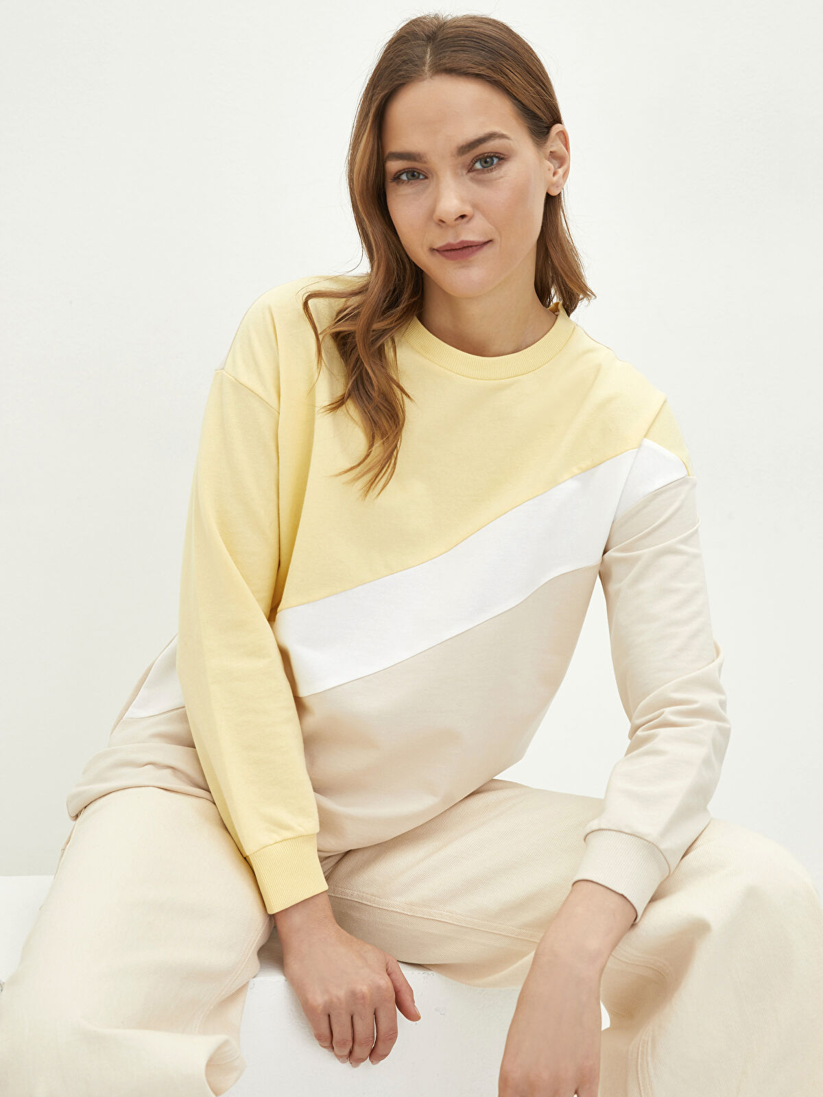 LCW CLASSIC Bisiklet Yaka Renk Bloklu Uzun Kollu Oversize Kadın Tunik