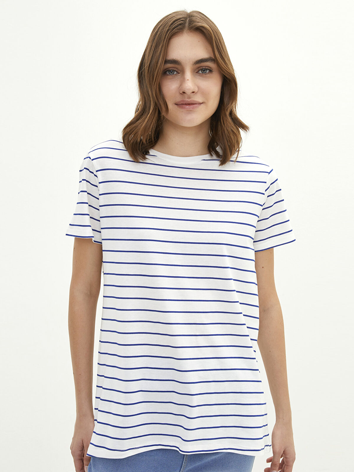 LCW BASIC Bisiklet Yaka Çizgili Kısa Kollu Pamuklu Kadın Tişört