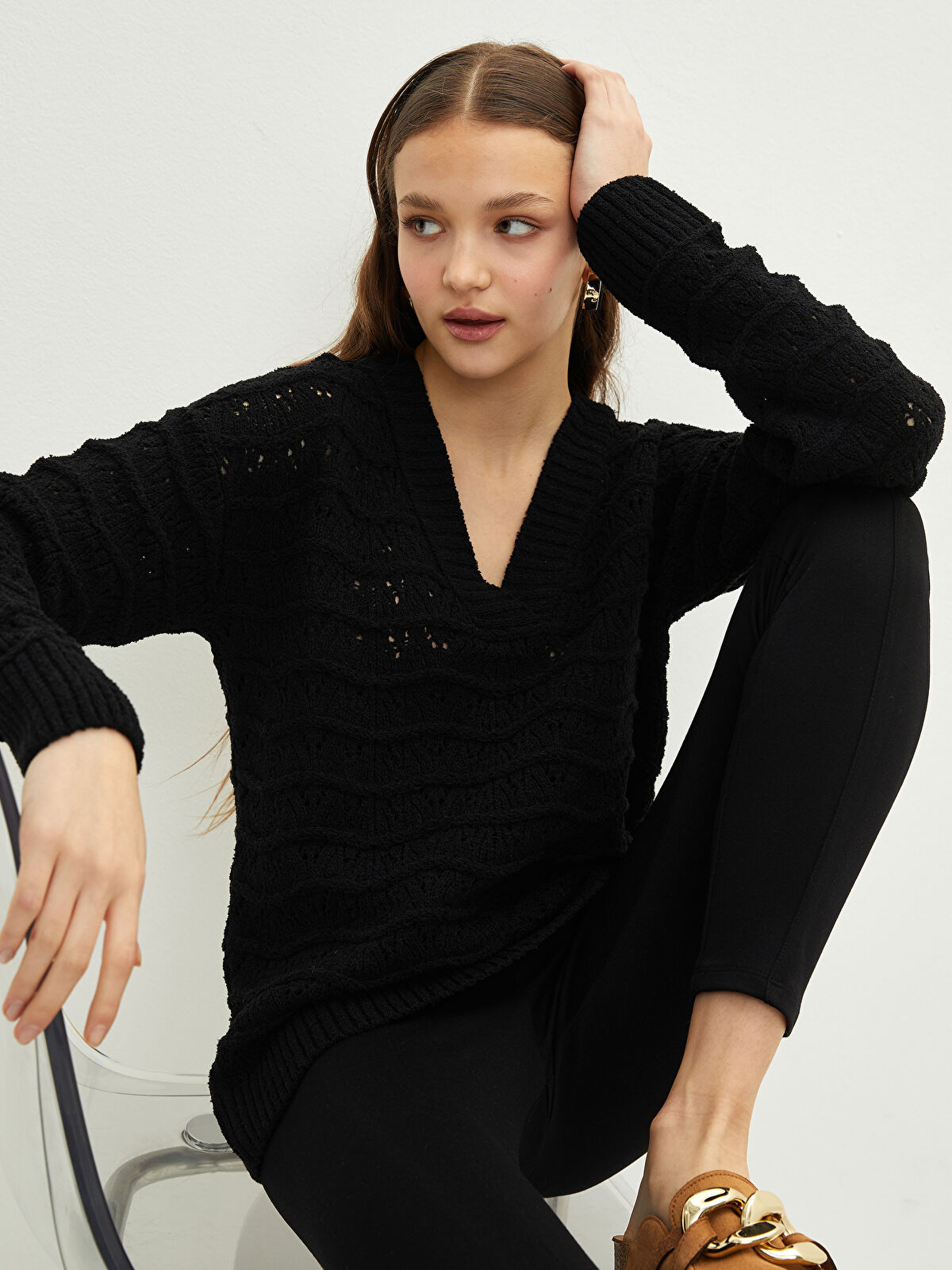 LCW CASUAL V Yaka Ajurlu Uzun Kollu Kadın Triko Kazak