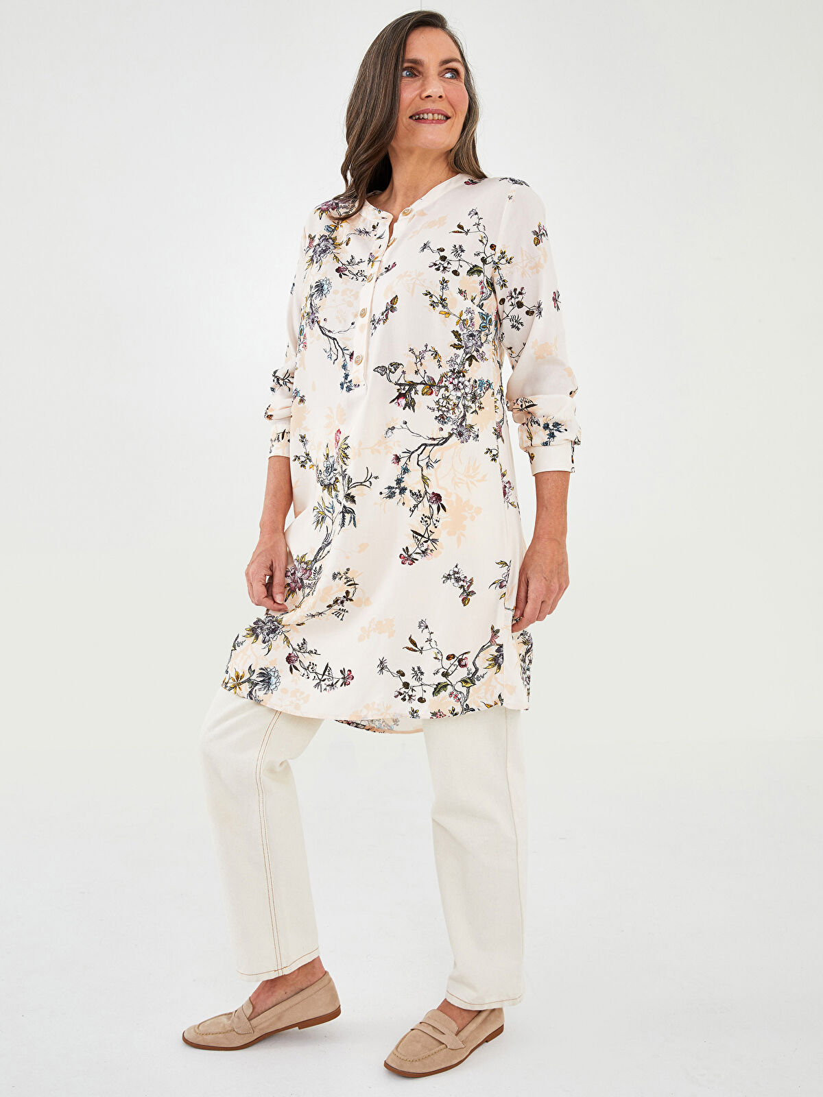 LCW GRACE Hakim Yaka Çiçekli Uzun Kollu Viskon Kadın Tunik