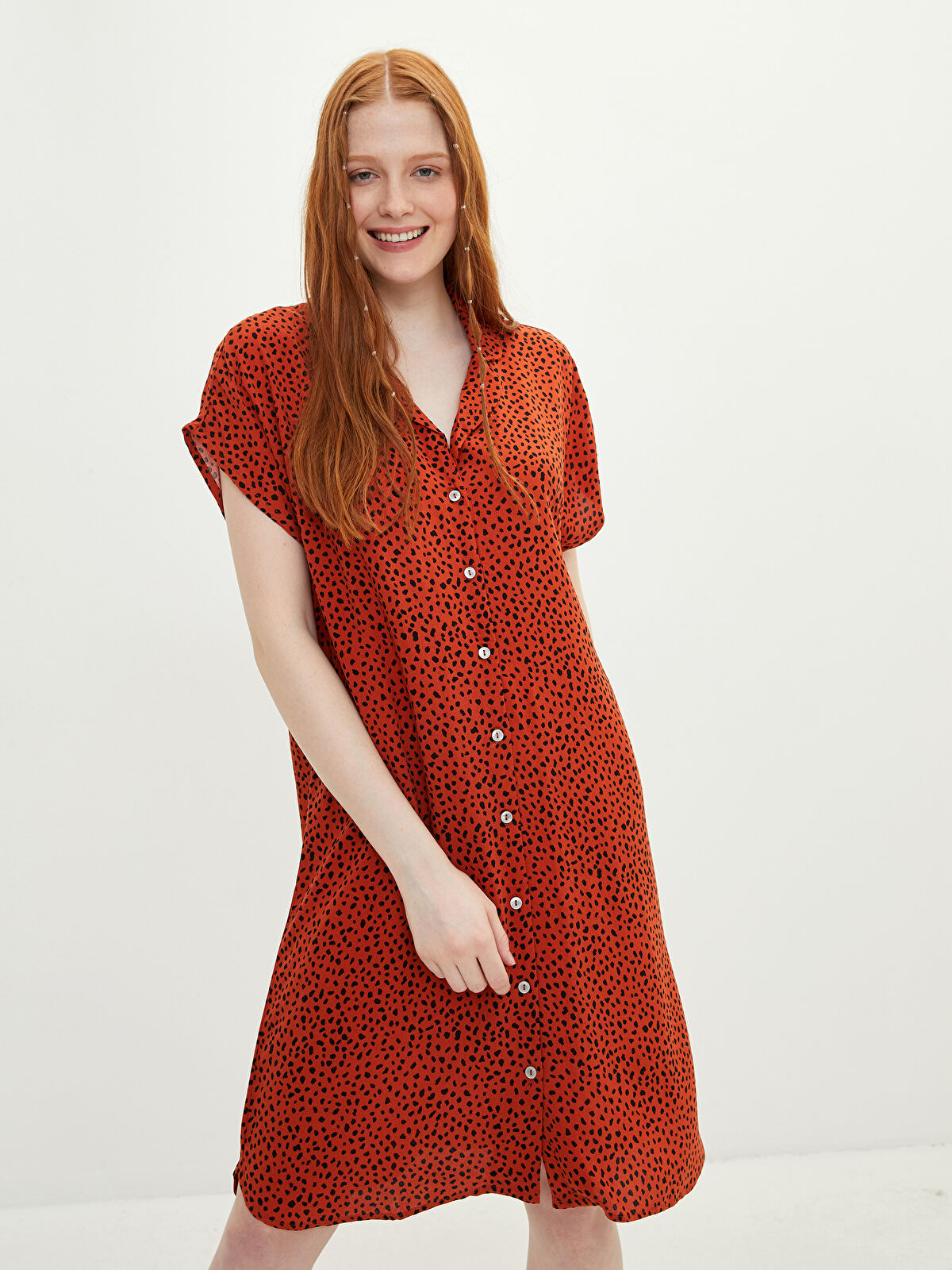 LCW DREAM Gömlek Yaka Desenli Kısa Kollu Vual Kumaş Kadın Plaj Elbisesi