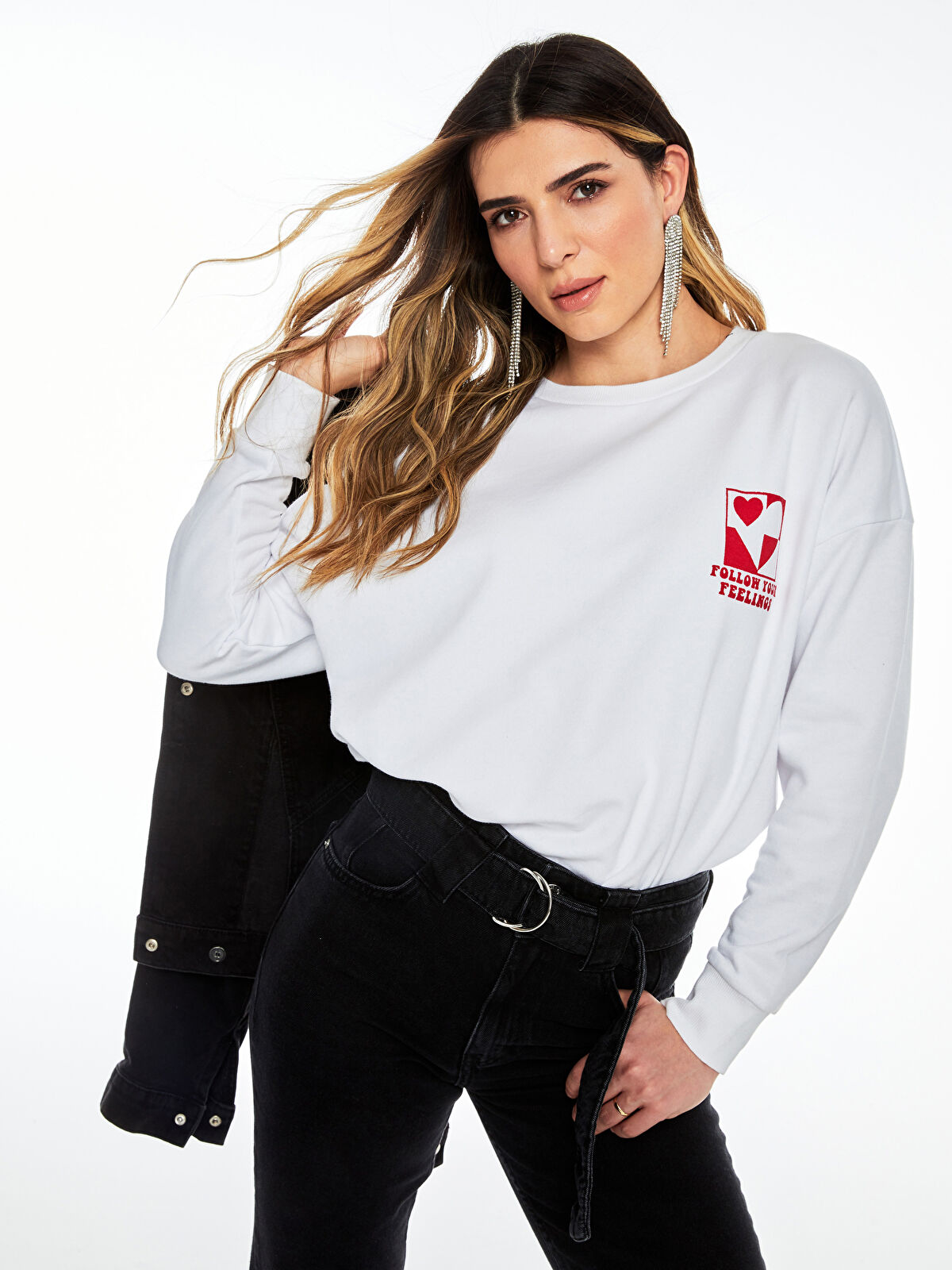 LCW CASUAL Bisiklet Yaka Baskılı Uzun Kollu Oversize Kadın Sweatshirt