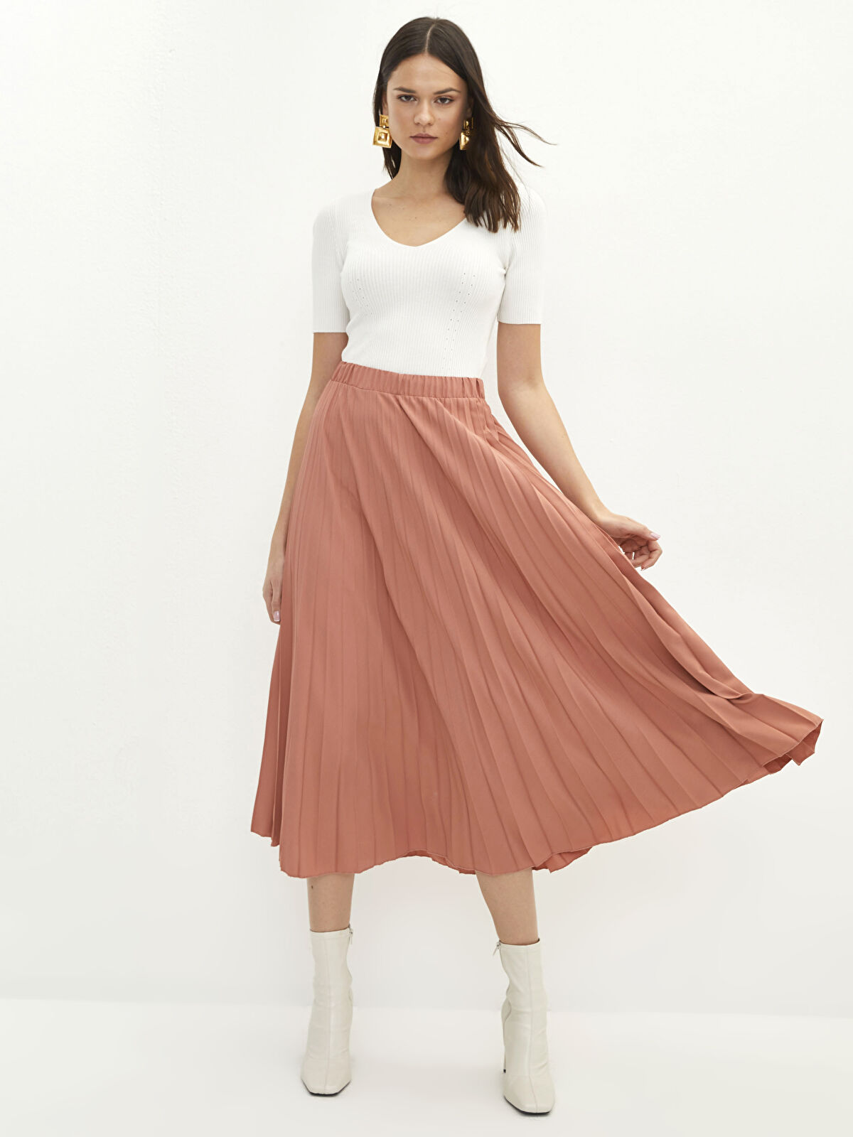 LCW CLASSIC Beli Lastikli Düz Maroken Kumaş Kadın Pileli Etek