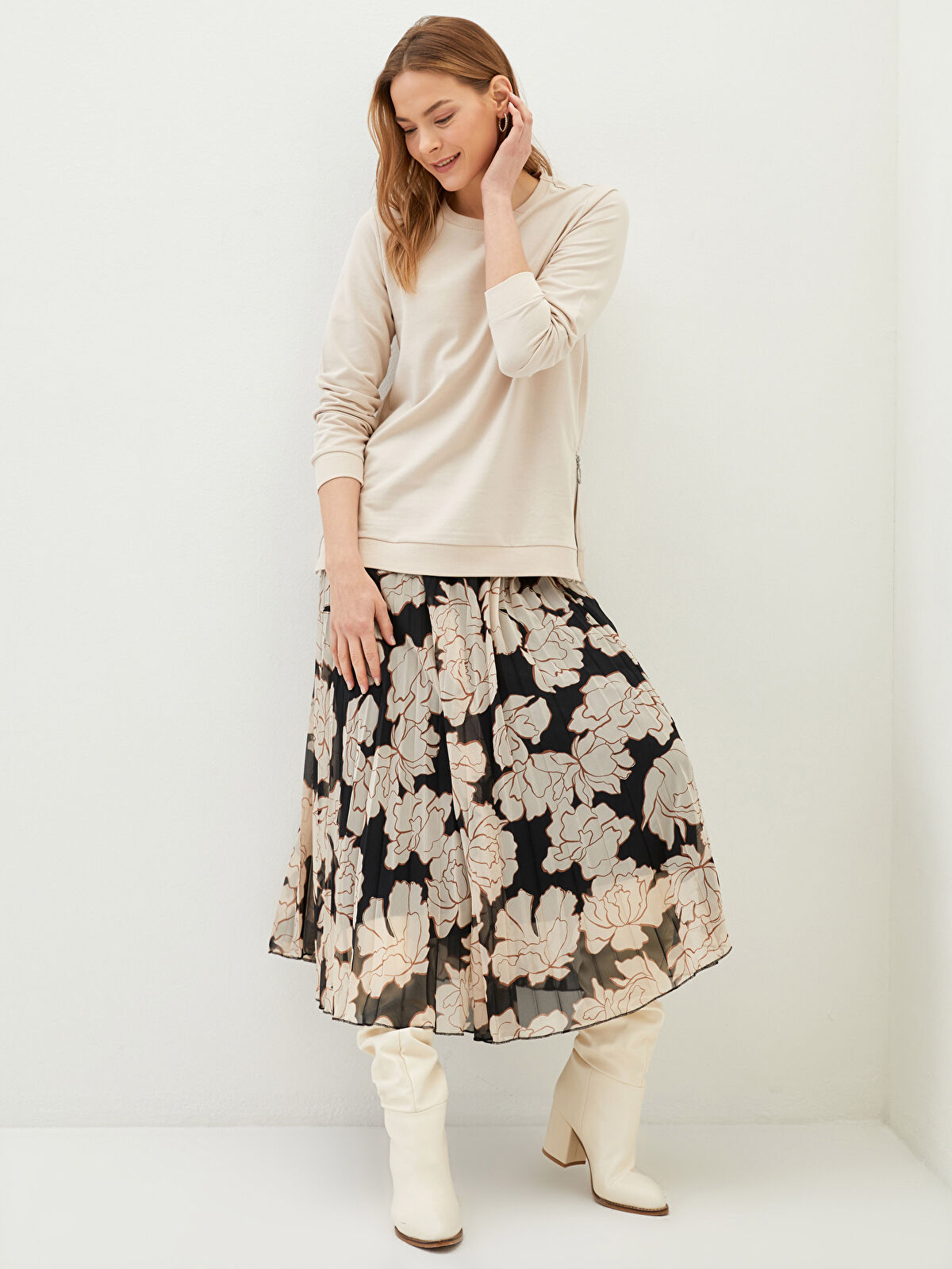 LCW CLASSIC Beli Lastikli Desenli Şifon Kumaş Kadın Pileli Etek