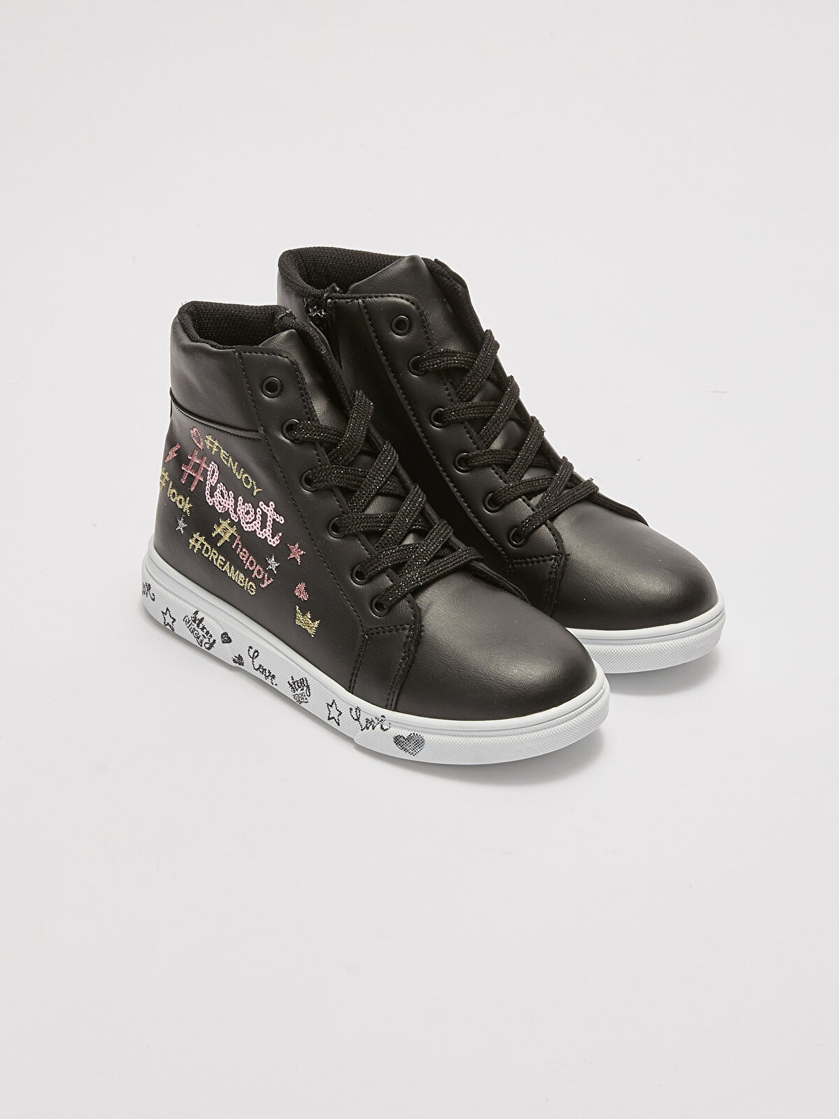 Nakış Detaylı Bağcık ve Fermuarlı Kız Çocuk Spor Ayakkabı