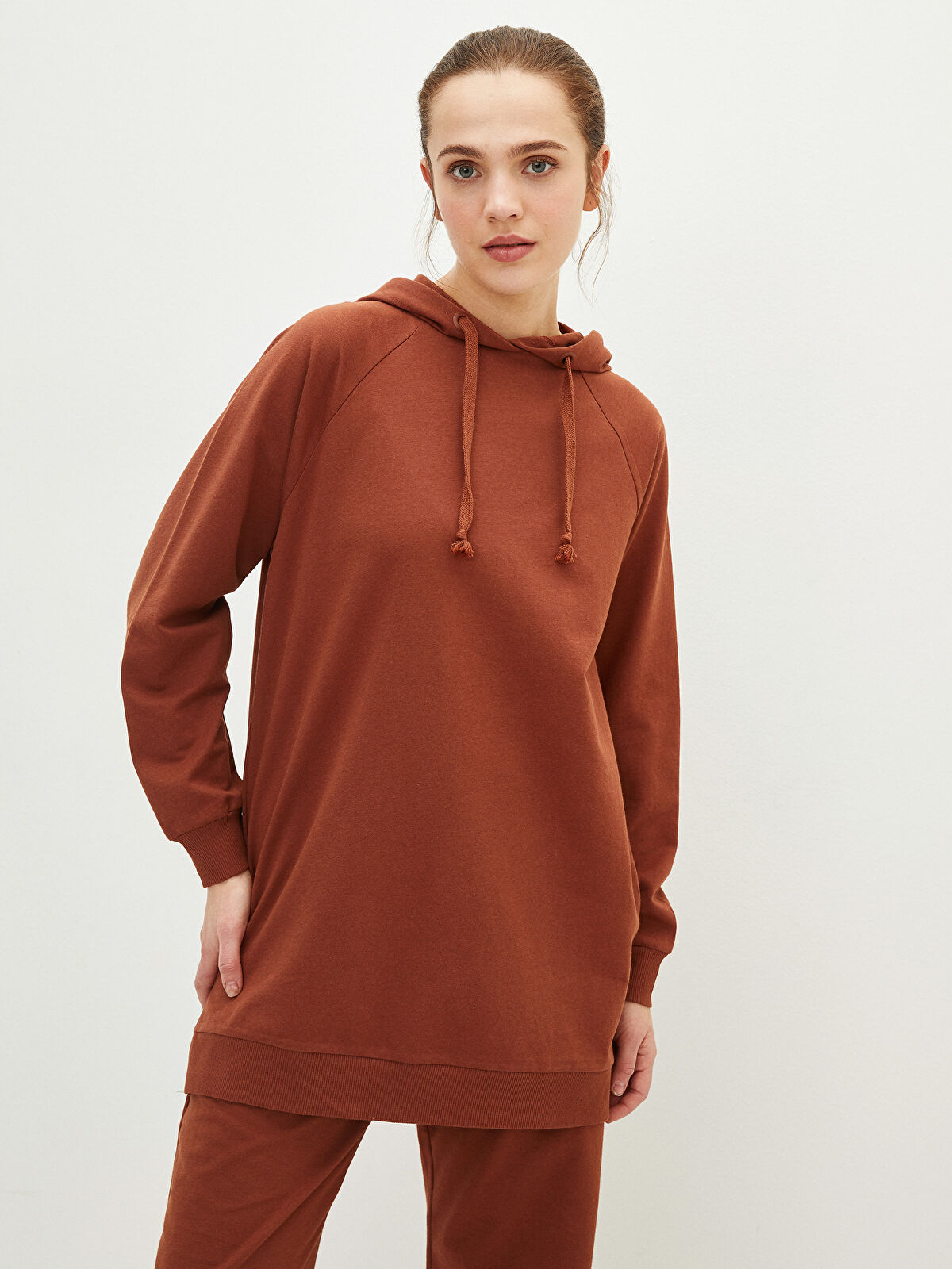 MODEST Kapüşonlu Düz Uzun Kollu Oversize Kadın Sweatshirt Tunik