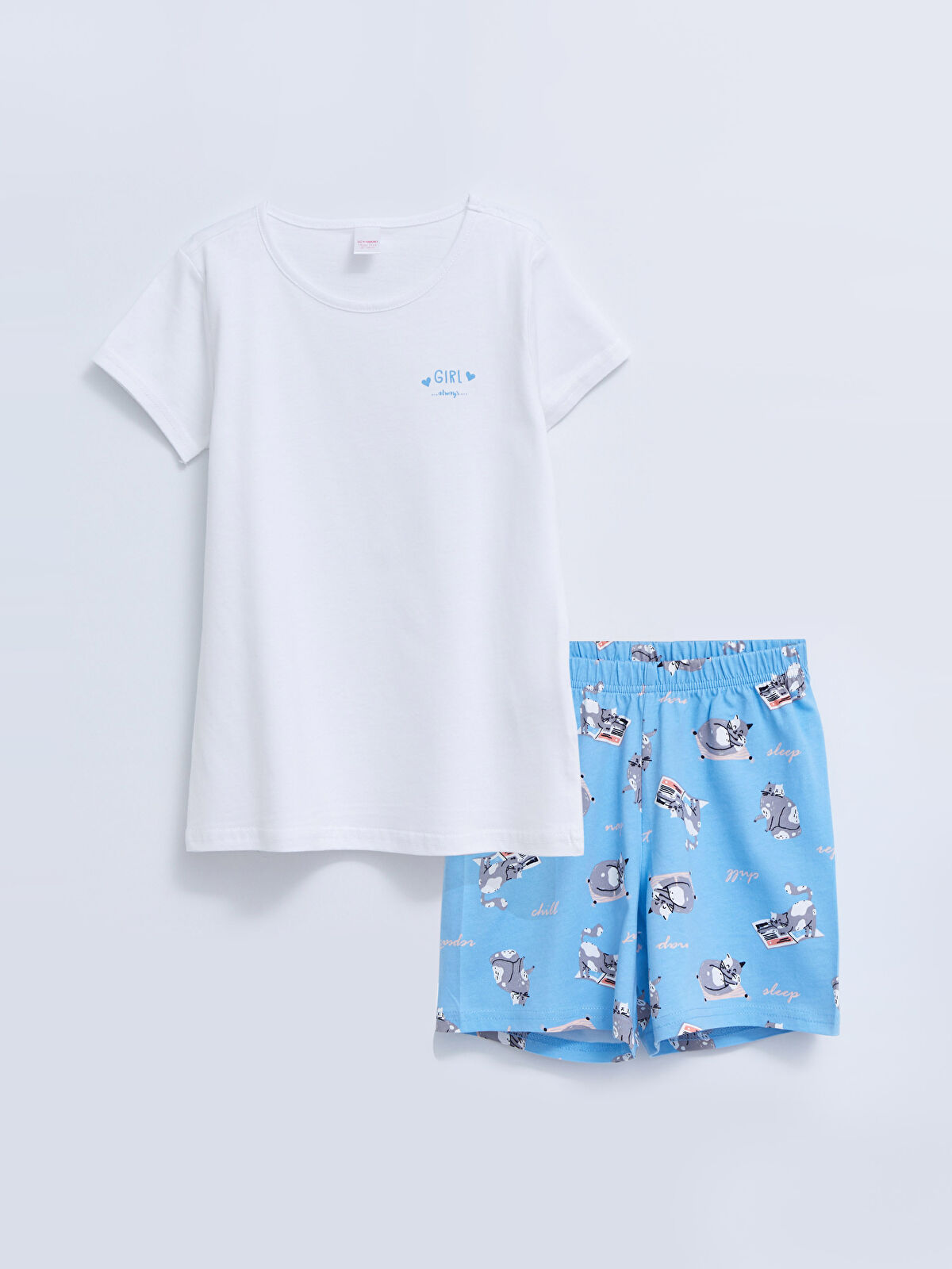 Bisiklet Yaka Baskılı Kısa Kollu Pamuklu Kız Çocuk Şortlu Pijama Takımı