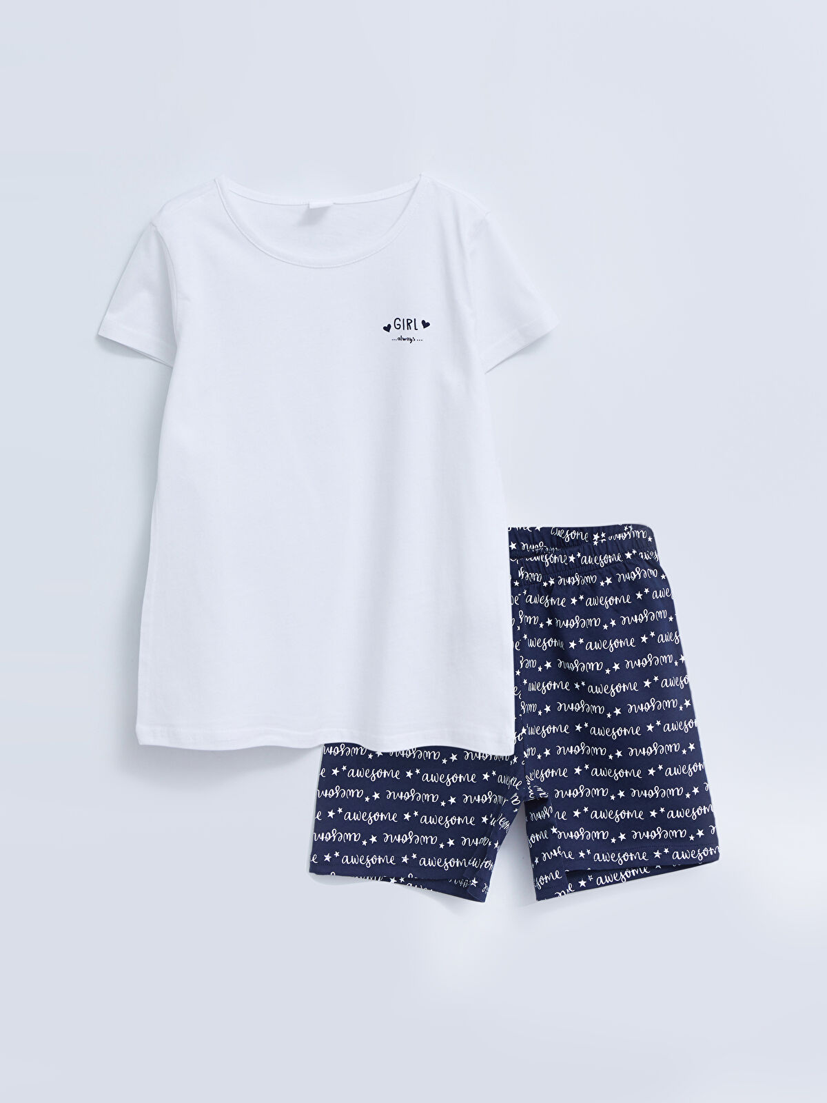 Bisiklet Yaka Baskılı Kısa Kollu Pamuklu Kız Çocuk Şortlu Pijama Takımı