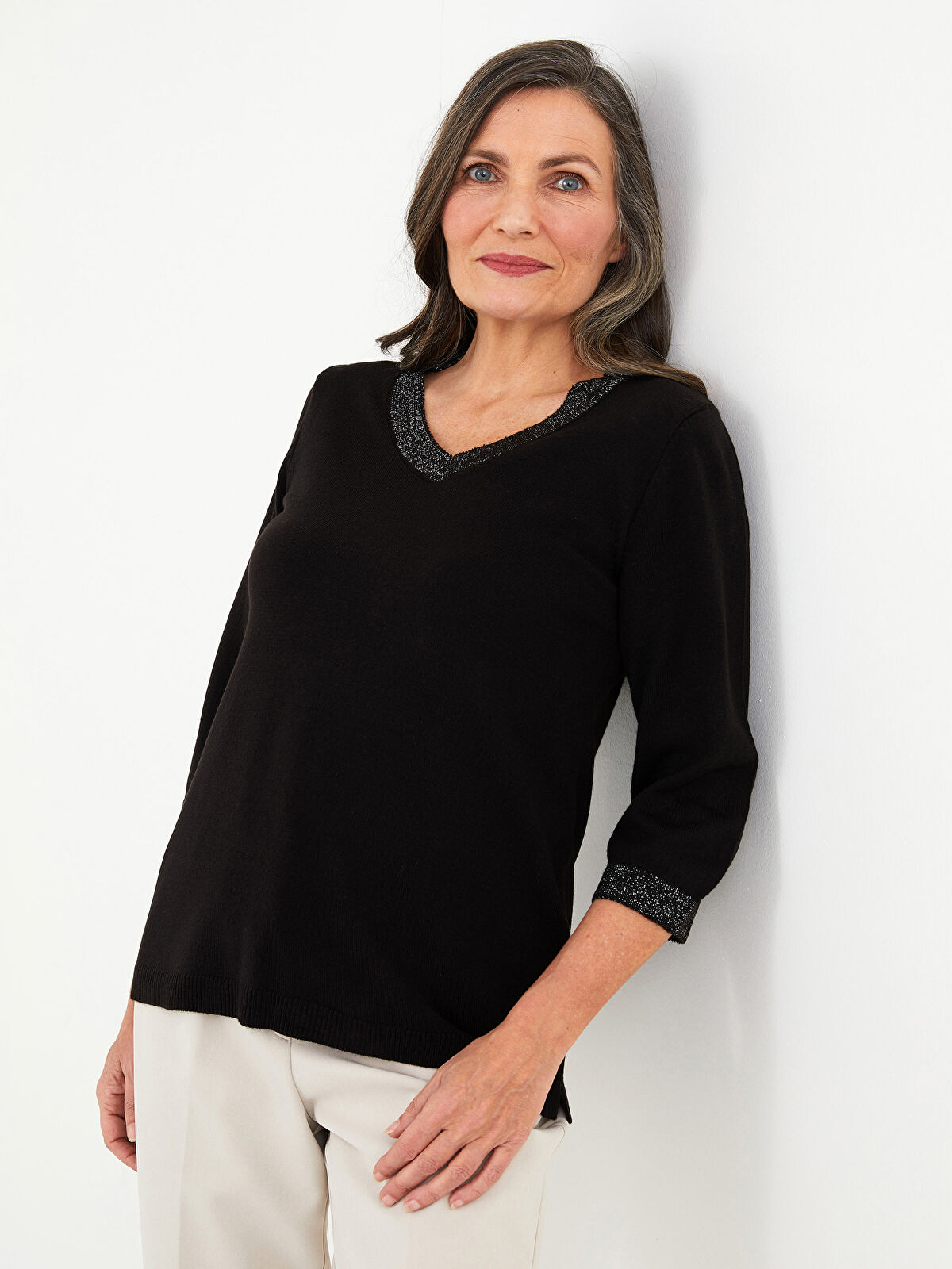 LCW GRACE V Yaka Şerit Detaylı Kadın Triko Kazak