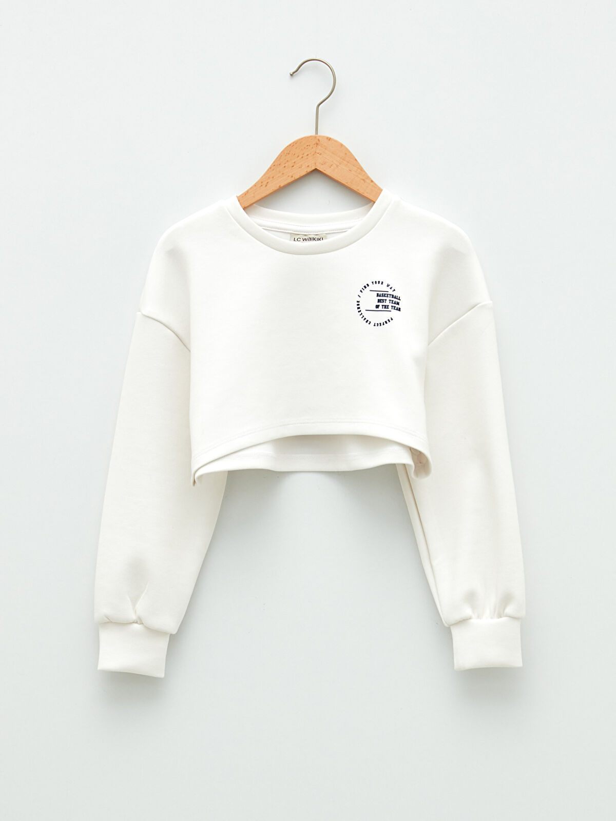 Bisiklet Yaka Baskılı Uzun Kollu Kız Çocuk Crop Sweatshirt
