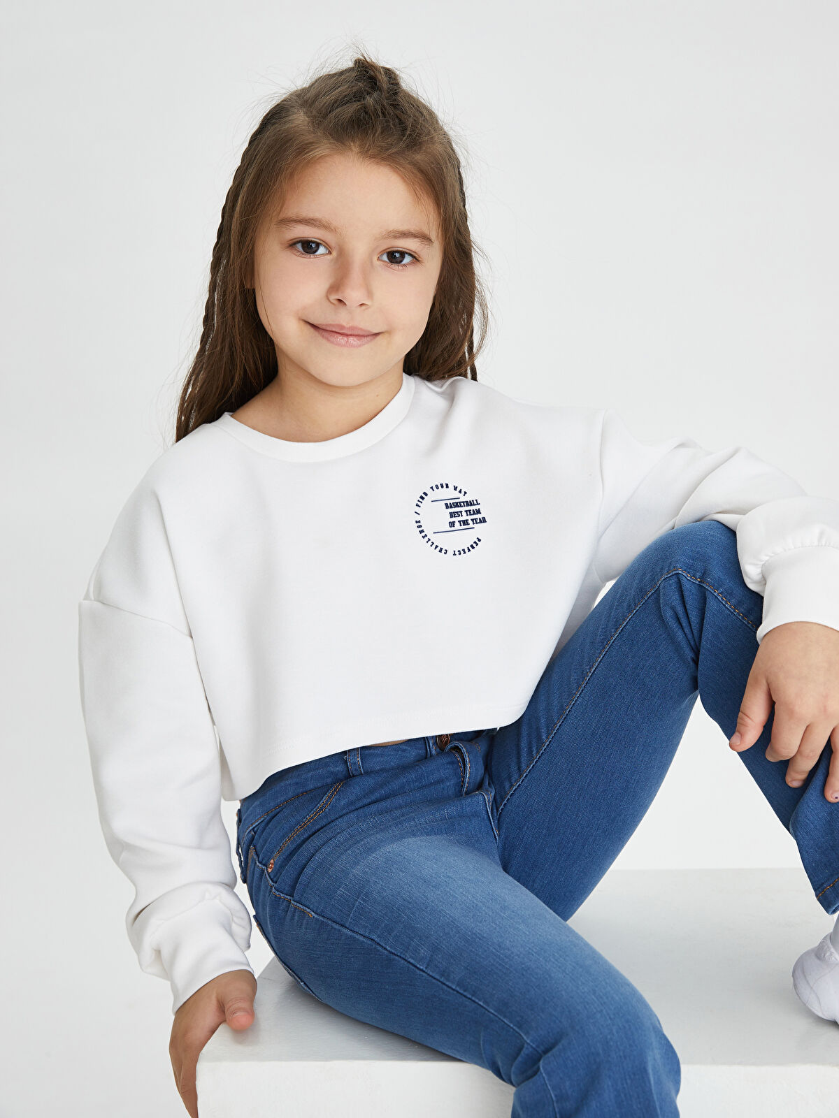Bisiklet Yaka Baskılı Uzun Kollu Kız Çocuk Crop Sweatshirt