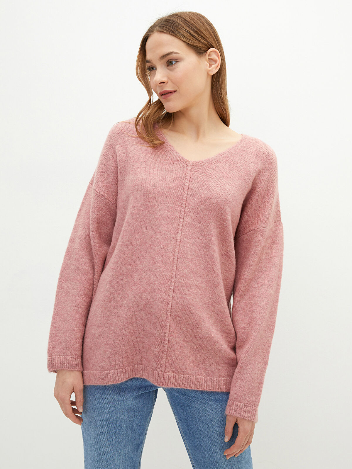 LCW BASIC V Yaka Düz Uzun Kollu Oversize Kadın Triko Kazak