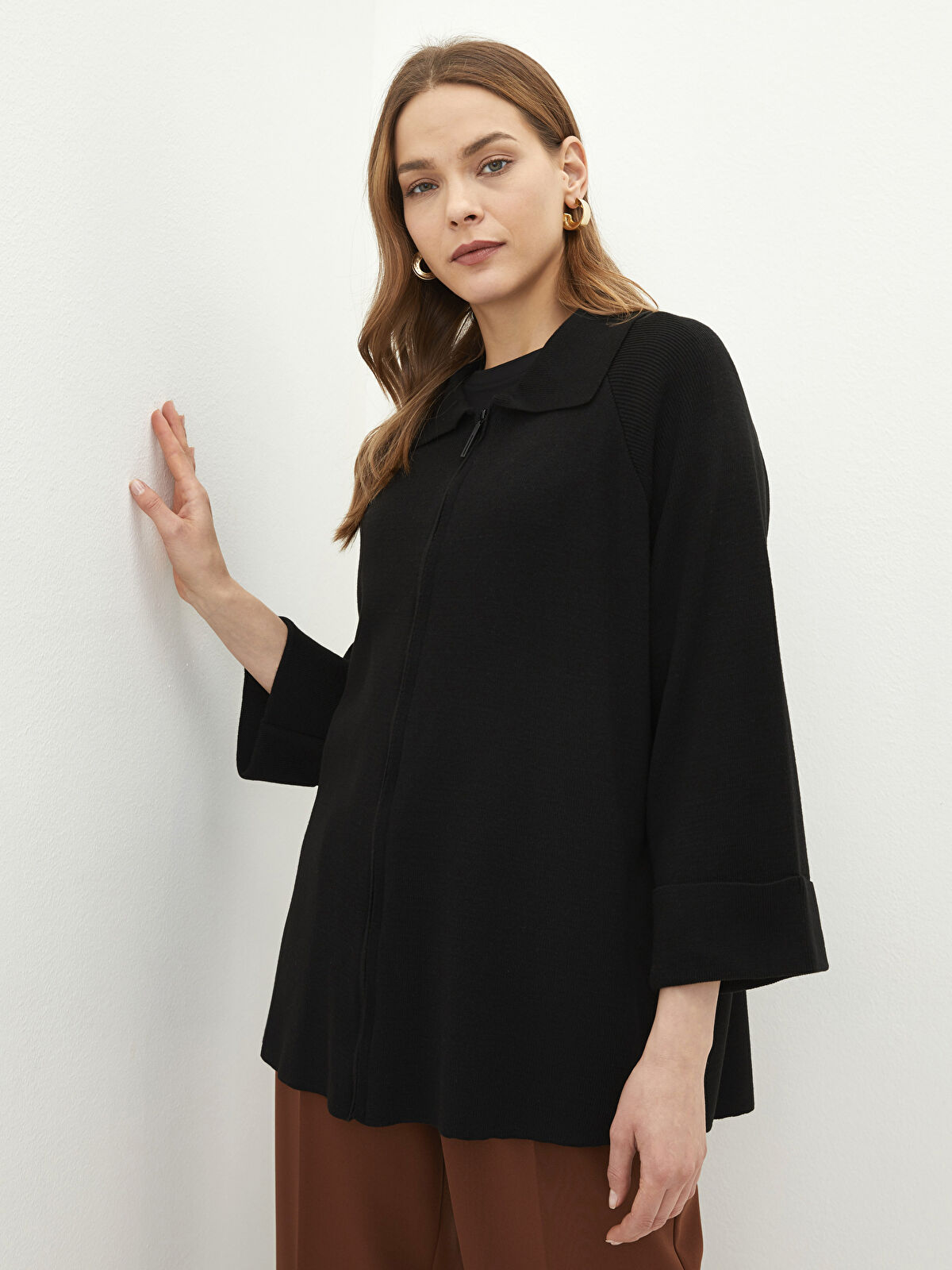 LCW CLASSIC Polo Yaka Düz Uzun Kollu Kadın Triko Hırka