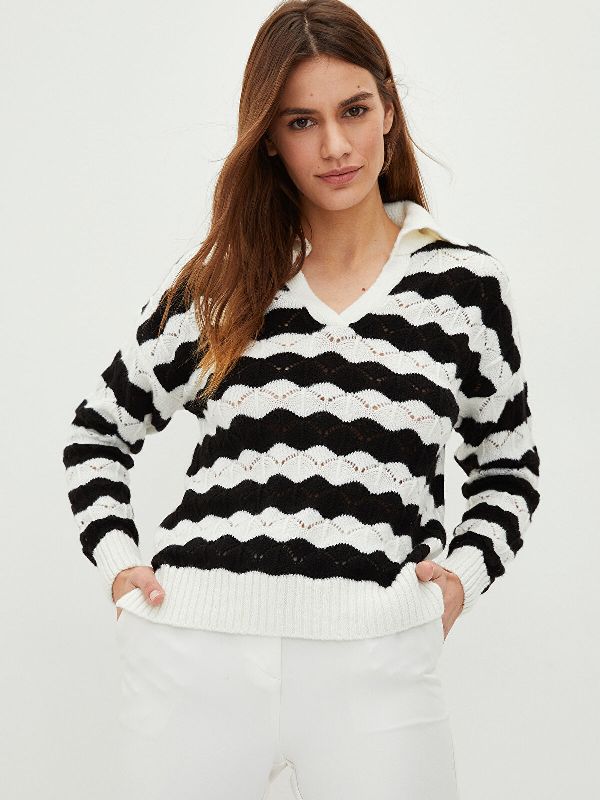 LCW CLASSIC Polo Yaka Çizgili Uzun Kollu Kadın Triko Kazak