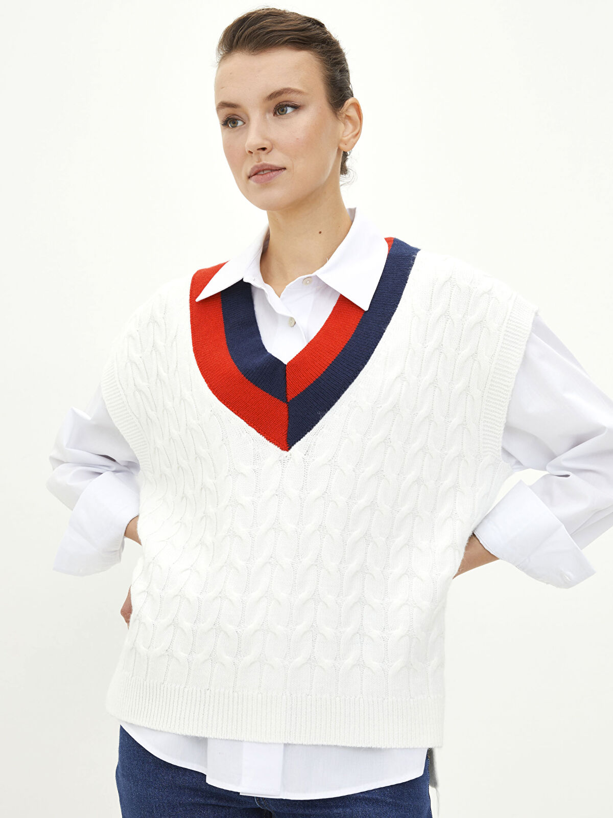 LCW CLASSIC V Yaka Renk Bloklu Kadın Süveter