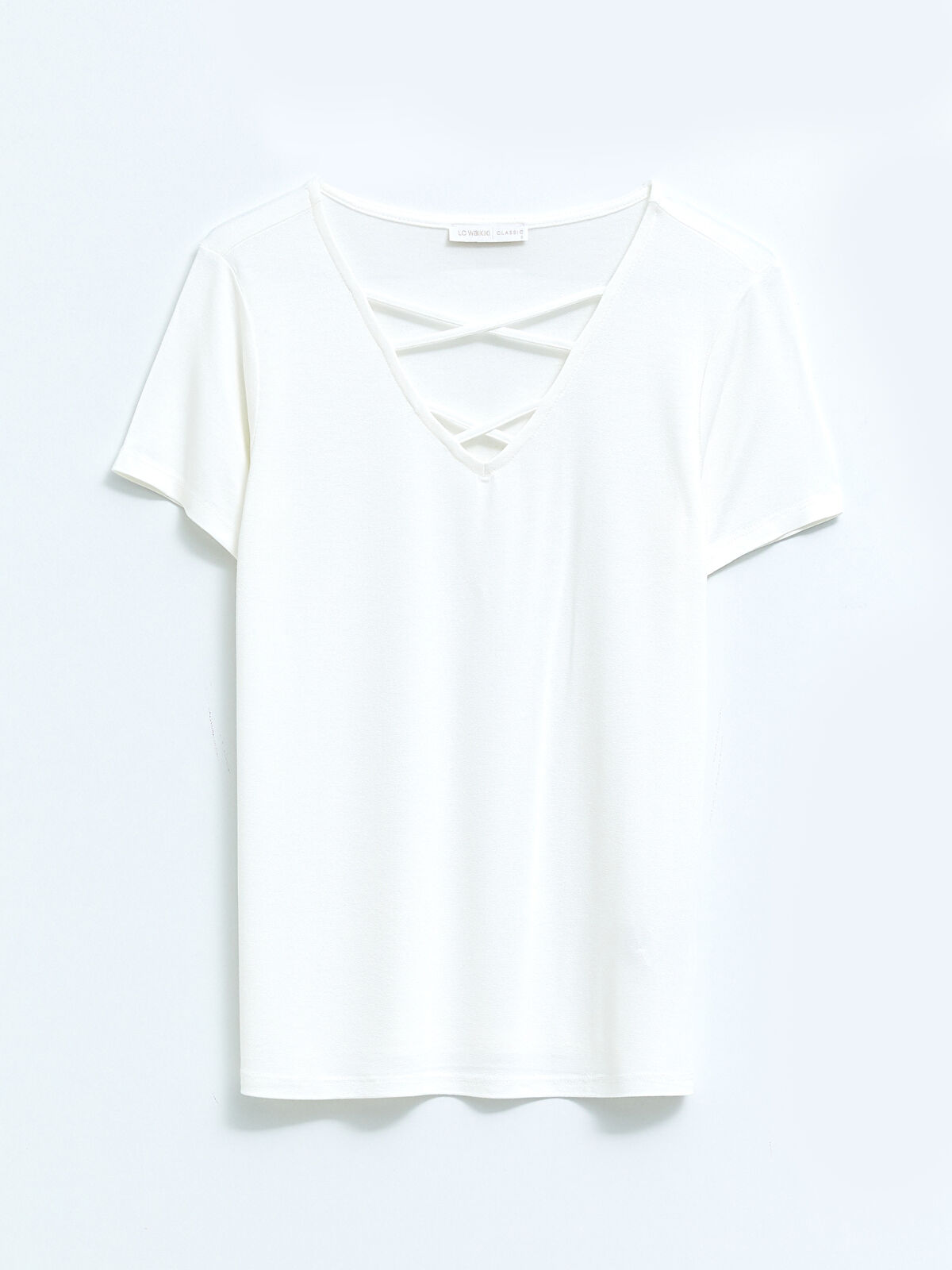 LCW CLASSIC V Yaka Düz Kısa Kollu Krep Kadın Tişört