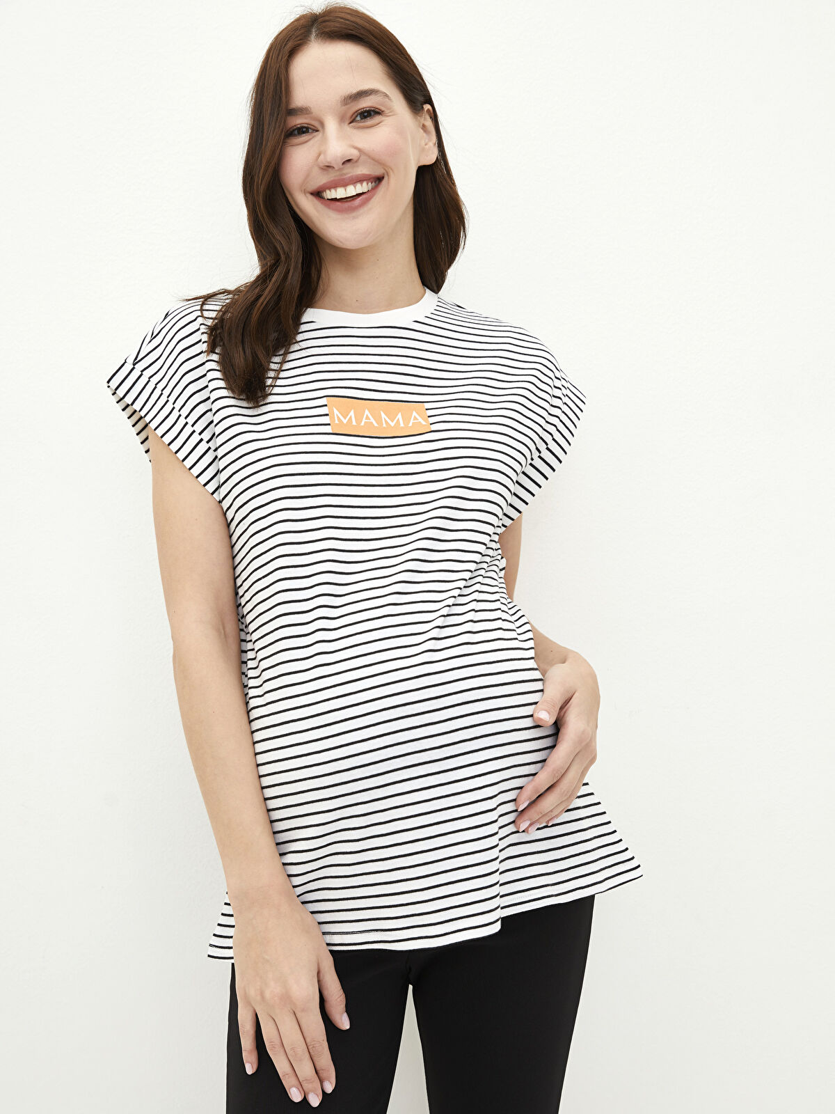 Bisiklet Yaka Çizgili Kısa Kollu Hamile Tişört