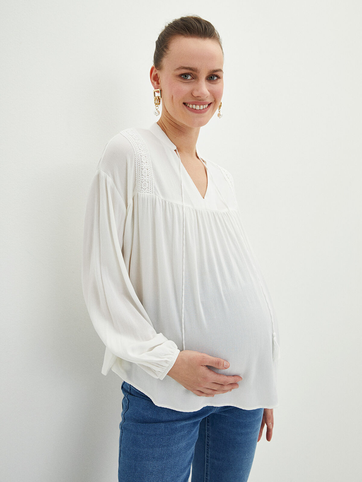 Bağlamalı Yaka Nakışlı Uzun Kollu Poplin Hamile Bluz