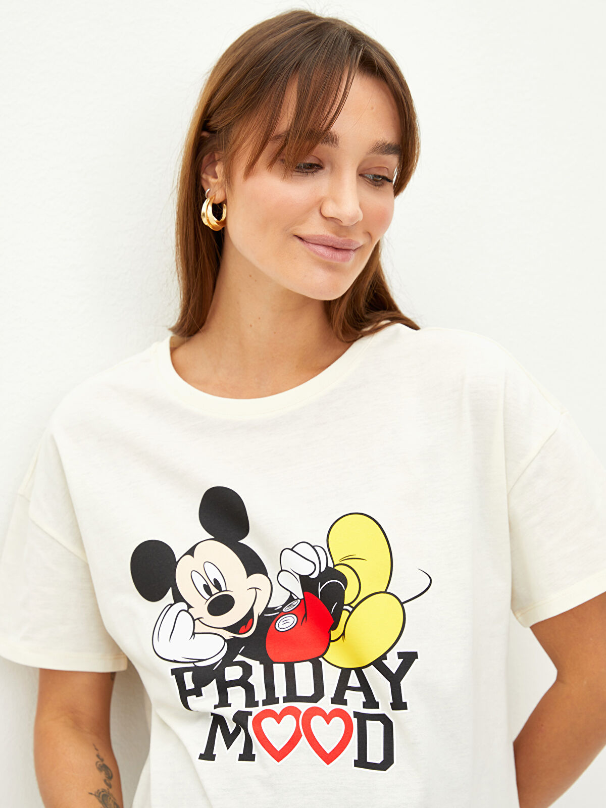 Bisiklet Yaka Mickey Mouse Baskılı Kısa Kollu Hamile Tişört