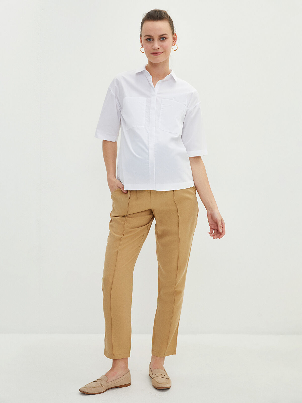 Beli Lastikli Düz Cep Detaylı Tencel Hamile Pantolon